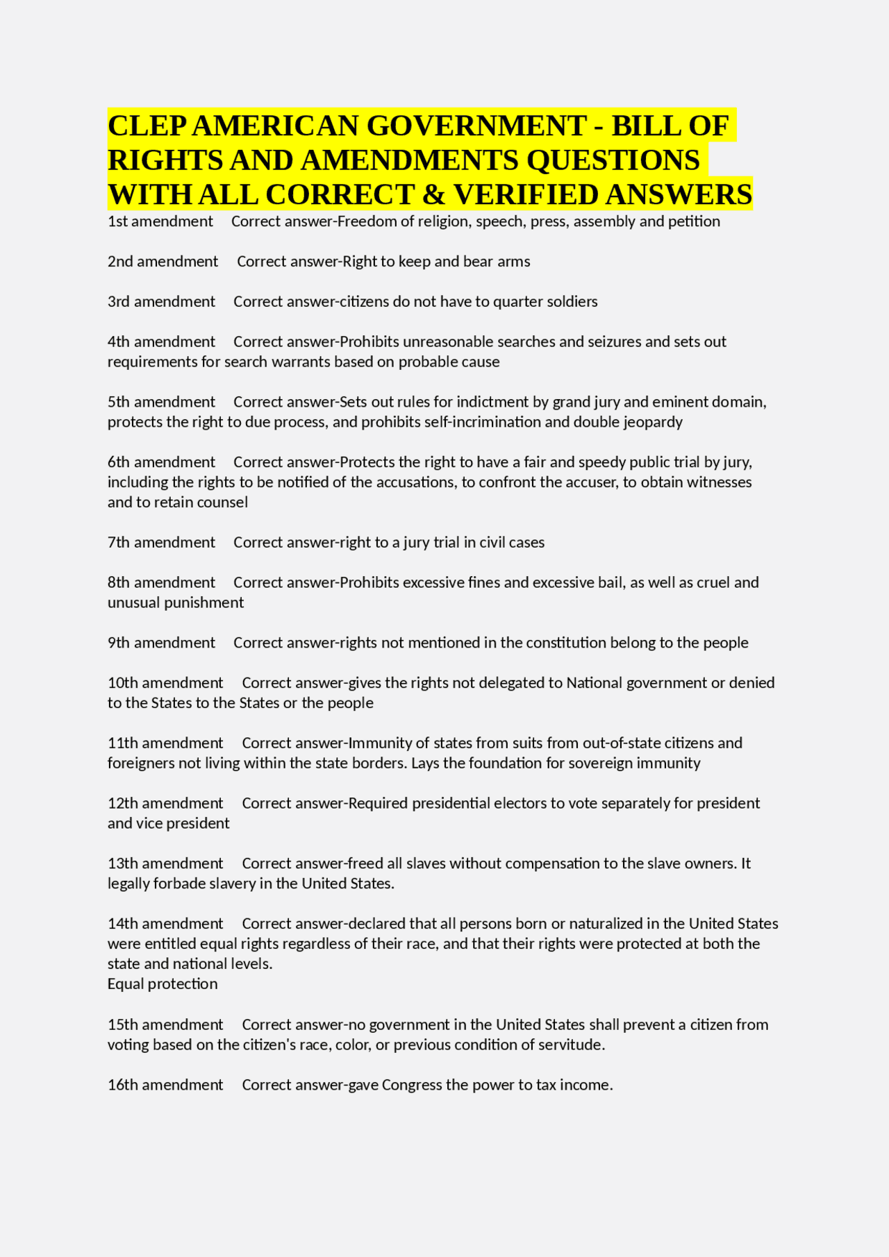 CLEP AMERICAN GOVERNMENT - BILL OF RIGHTS AND AMENDMENTS QUESTIONS WITH ...