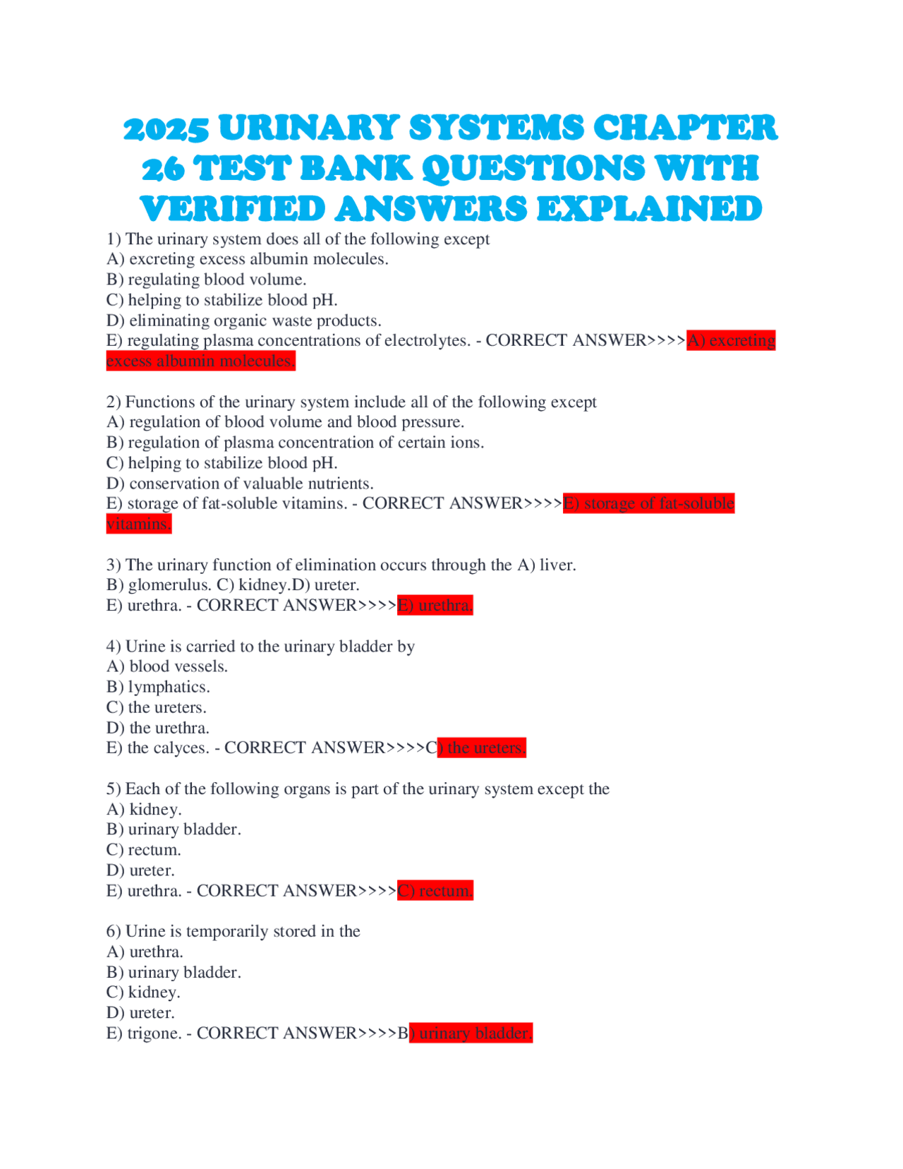 2025 URINARY SYSTEMS CHAPTER 26 TEST BANK QUESTIONS WITH VERIFIED ...