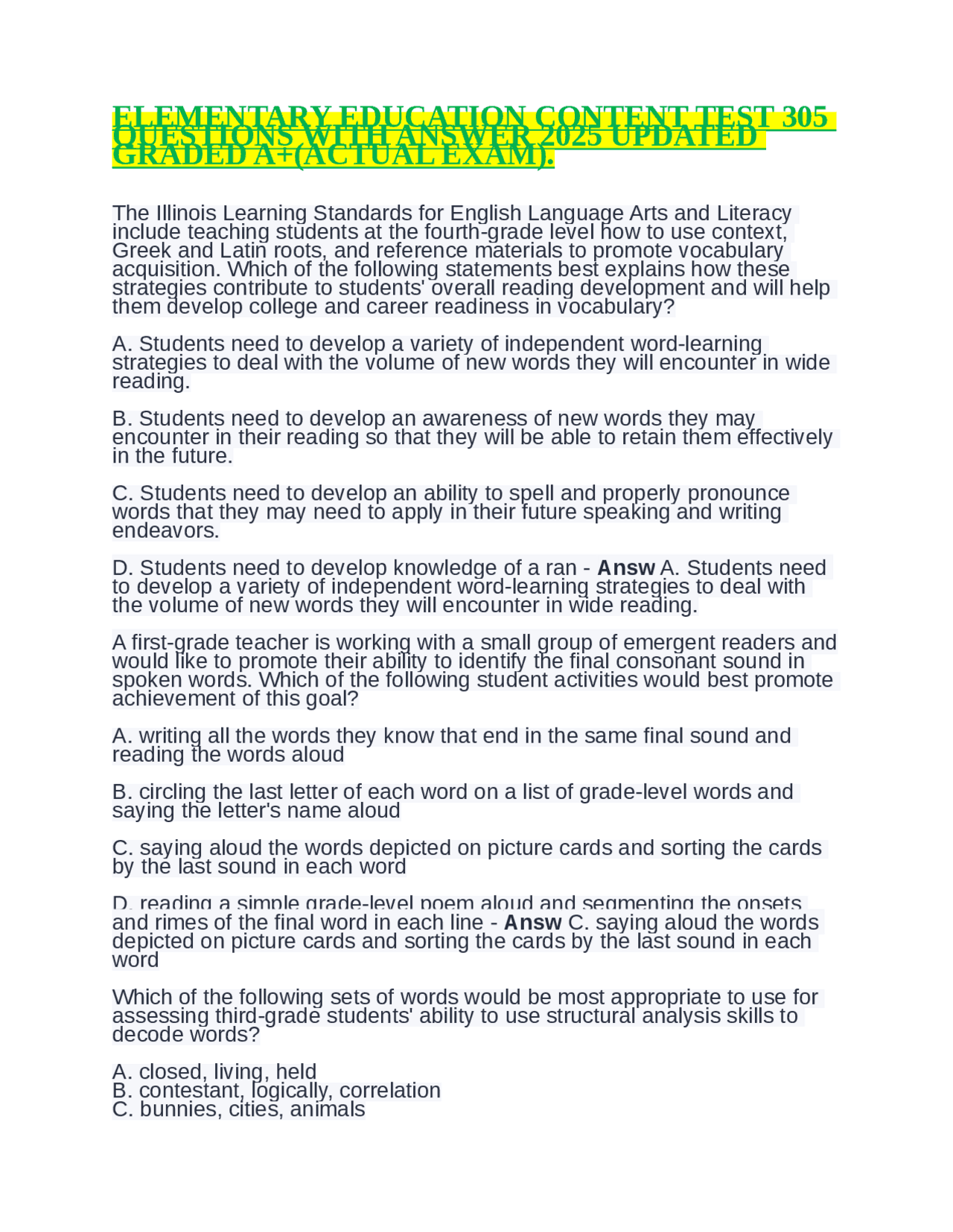 ELEMENTARY EDUCATION CONTENT TEST 305 QUESTIONS WITH ANSWER 2025 ...