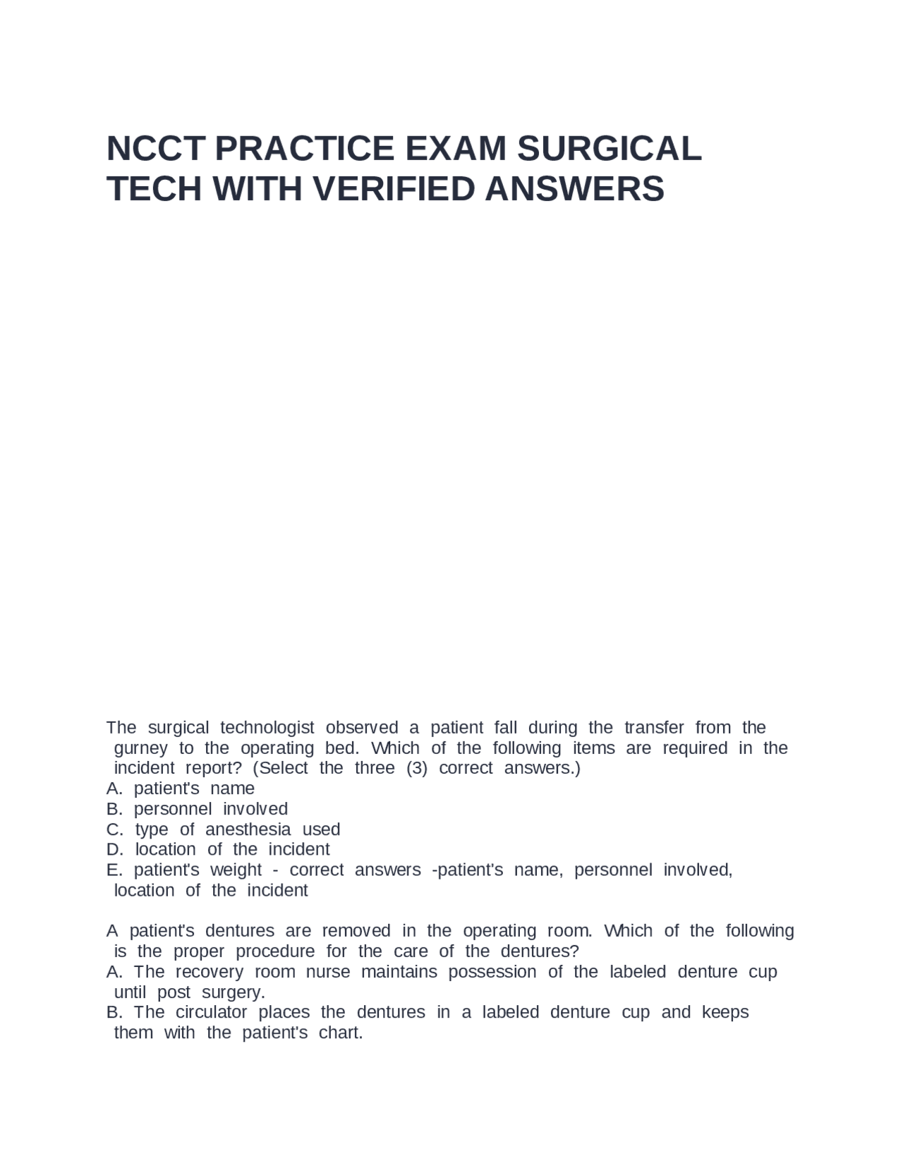 NCCT Surgical Tech Practice Exam with Verified Answers | Exams Advanced ...