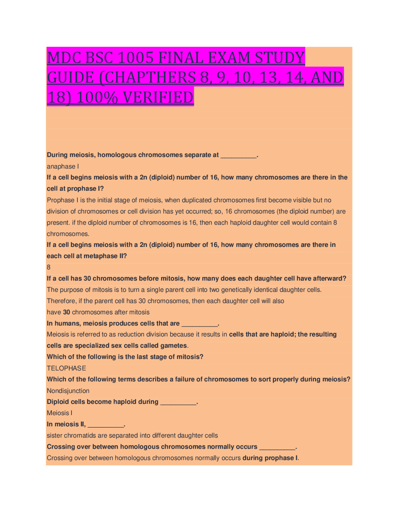 Biology Final Exam Study Guide: Meiosis, Mitosis, and Genetics | Exams ...