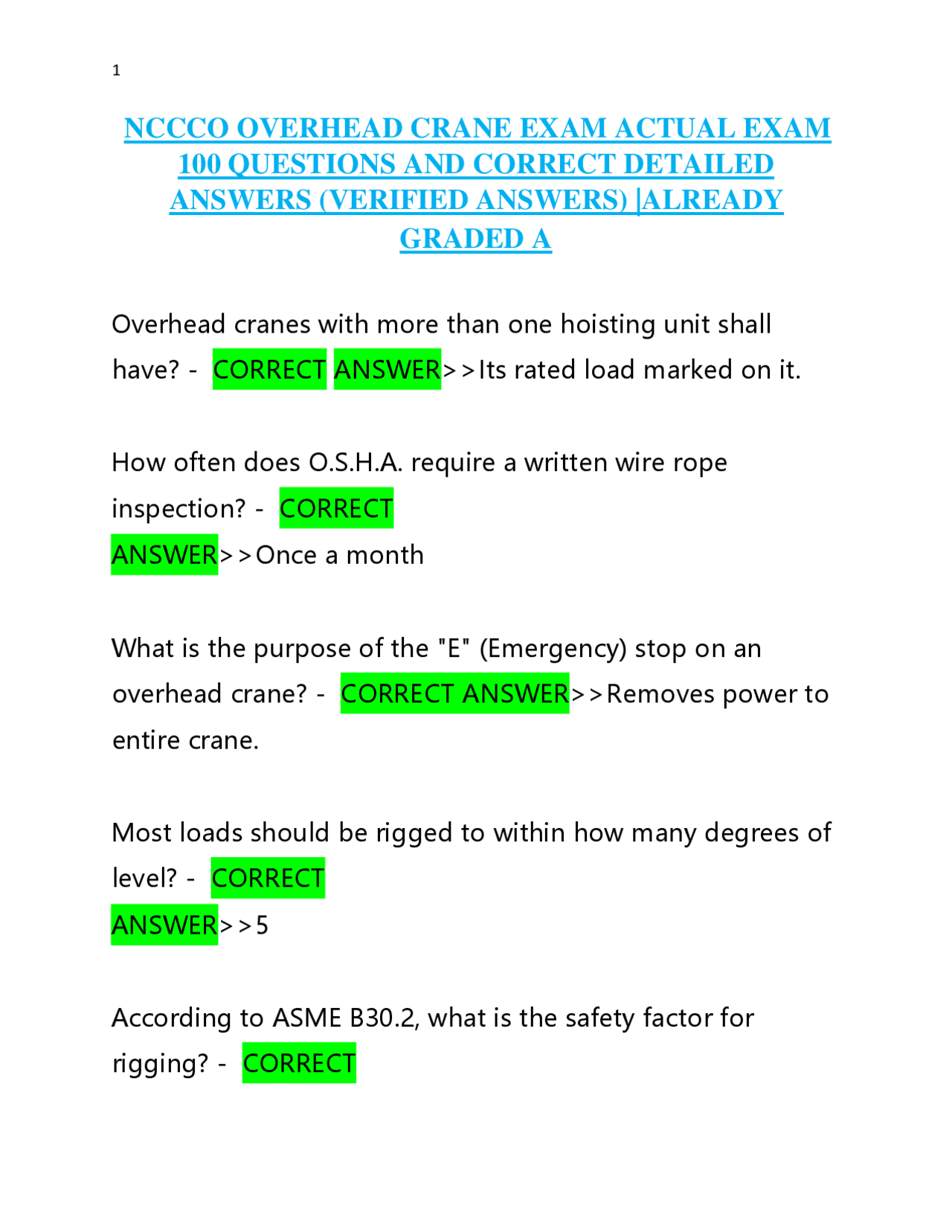 NCCCO OVERHEAD CRANE EXAM ACTUAL EXAM 100 QUESTIONS AND CORRECT ...