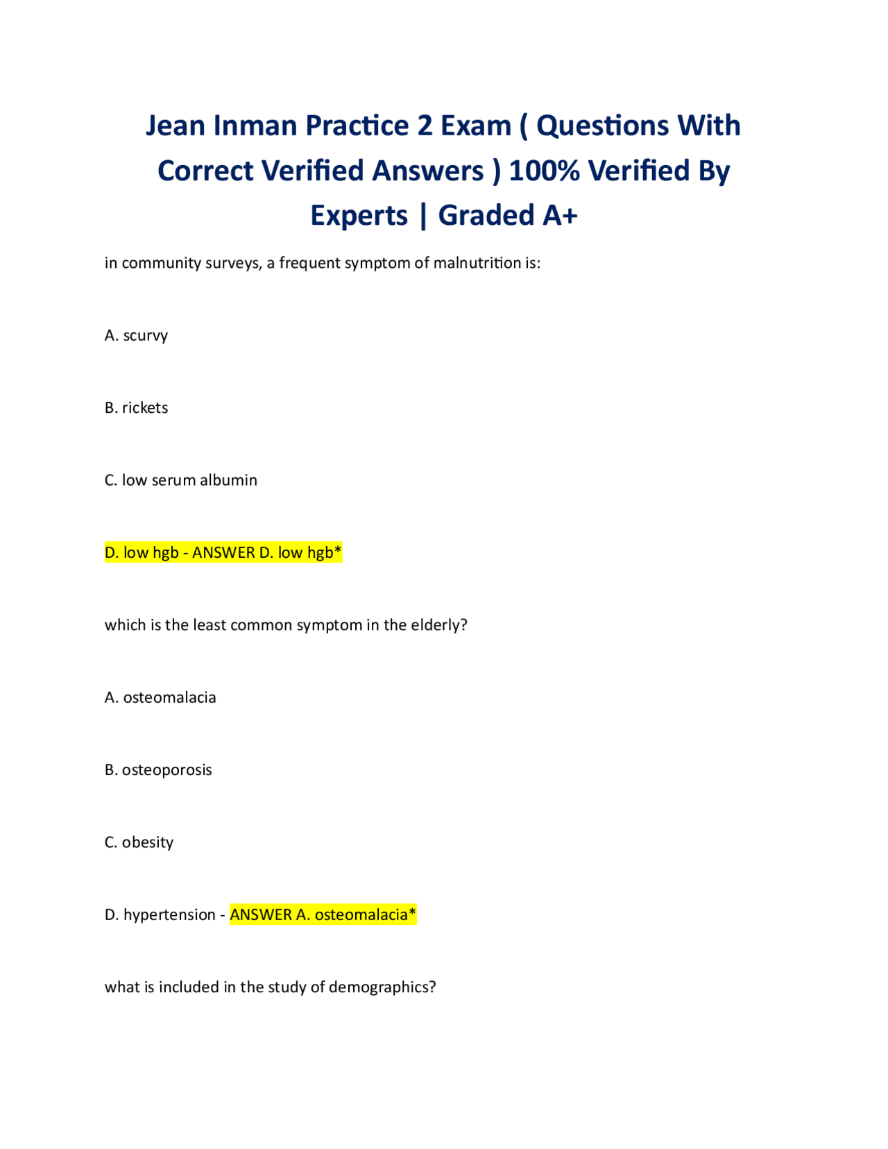 Jean Inman Practice 2 Exam ( Questions With Correct Verified Answers ...