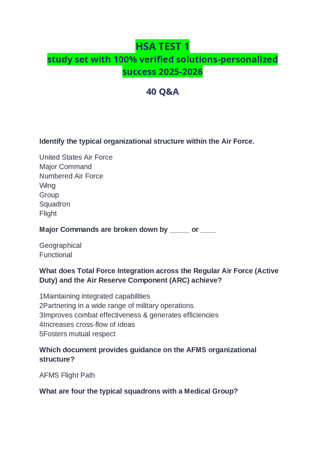 HSA TEST 1 study set with 100% verified solutions-personalized success ...