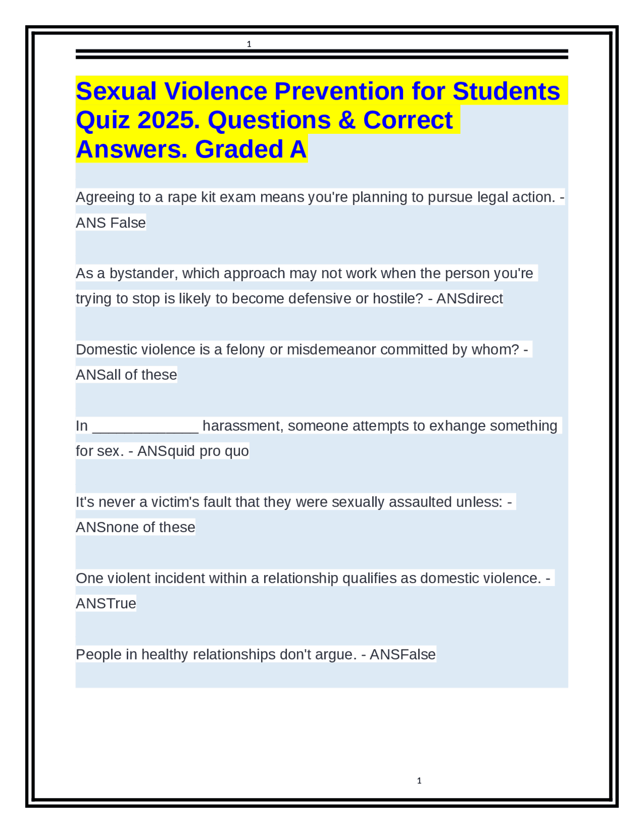 Sexual Violence Prevention for Students Quiz 2025. Questions & Correct ...