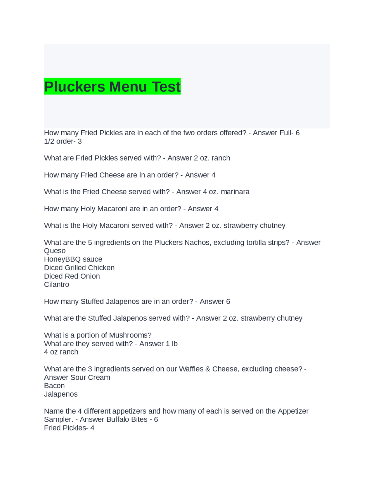 Pluckers Restaurant Menu Knowledge Test | Exams Advanced Education ...