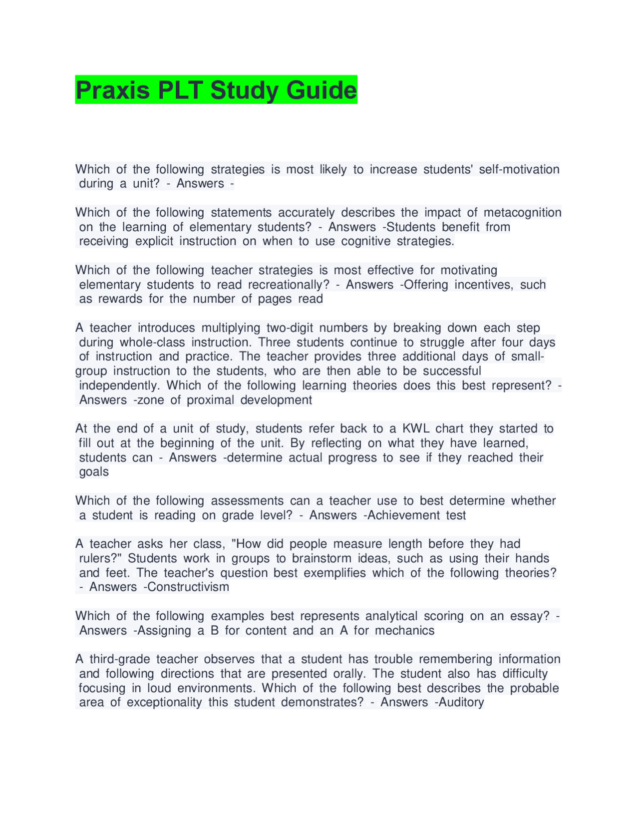 Praxis PLT Study Guide with 100% Accurate solutions | Exams Advanced ...
