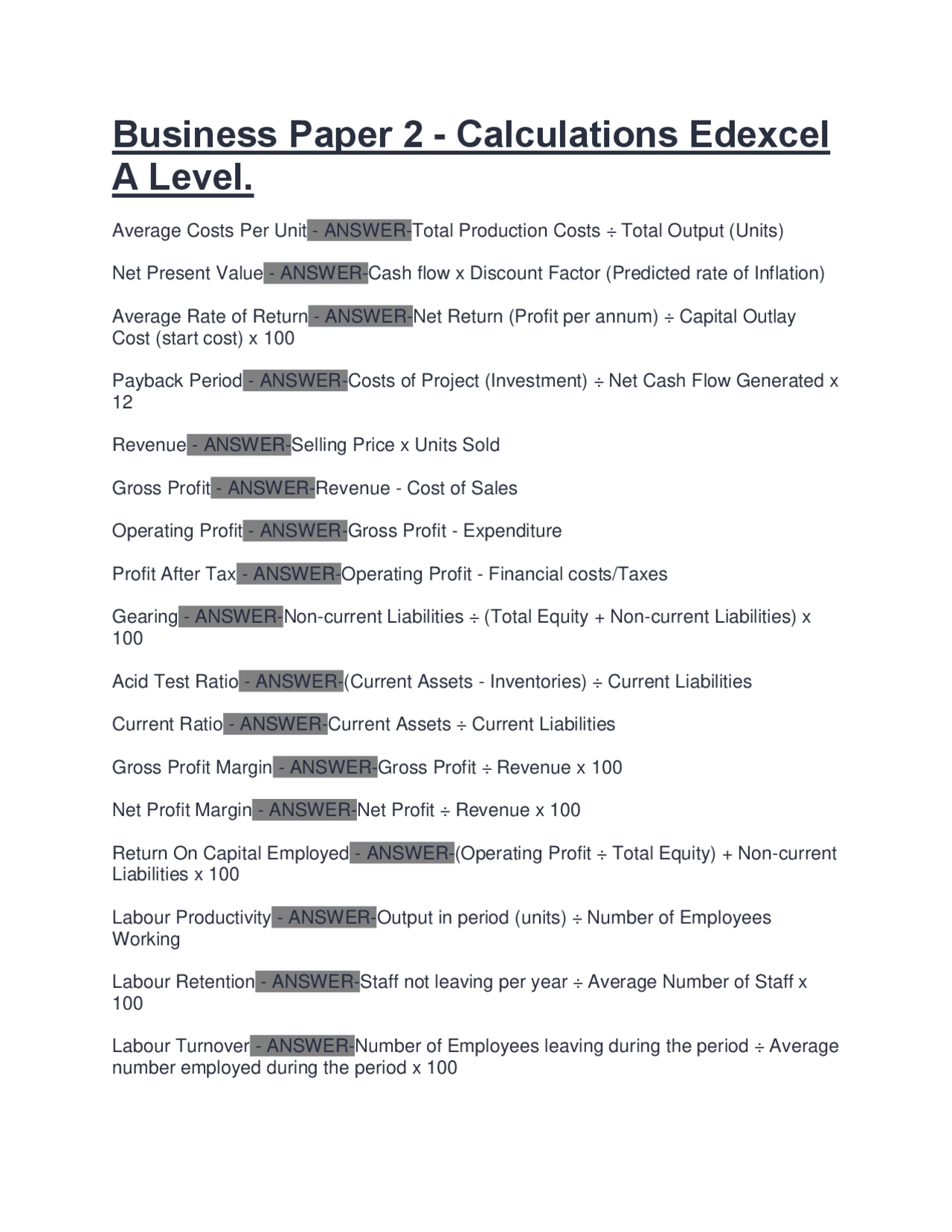 Business Paper 2 - Calculations Edexcel A Level. | Exams Business ...
