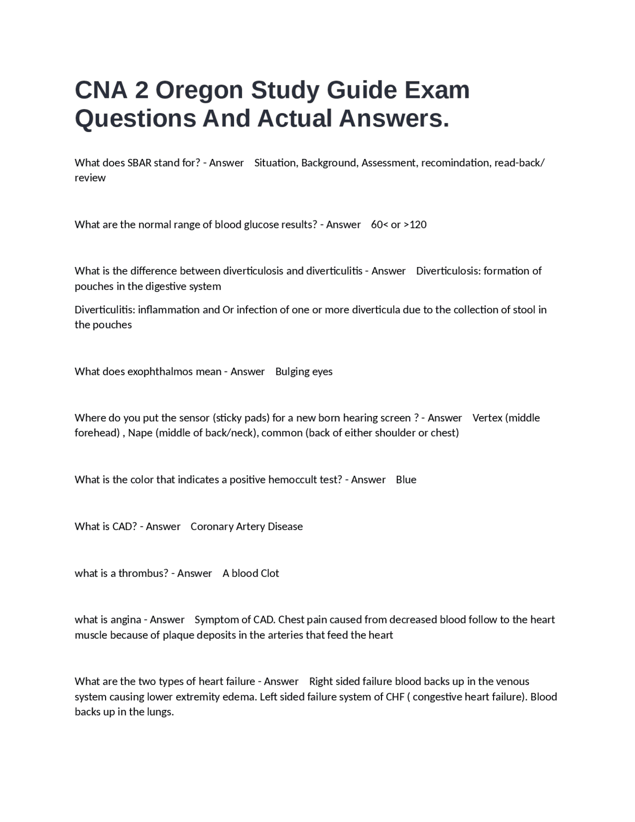 CNA 2 Oregon Study Guide Exam Questions And Actual Answers. | Exams ...
