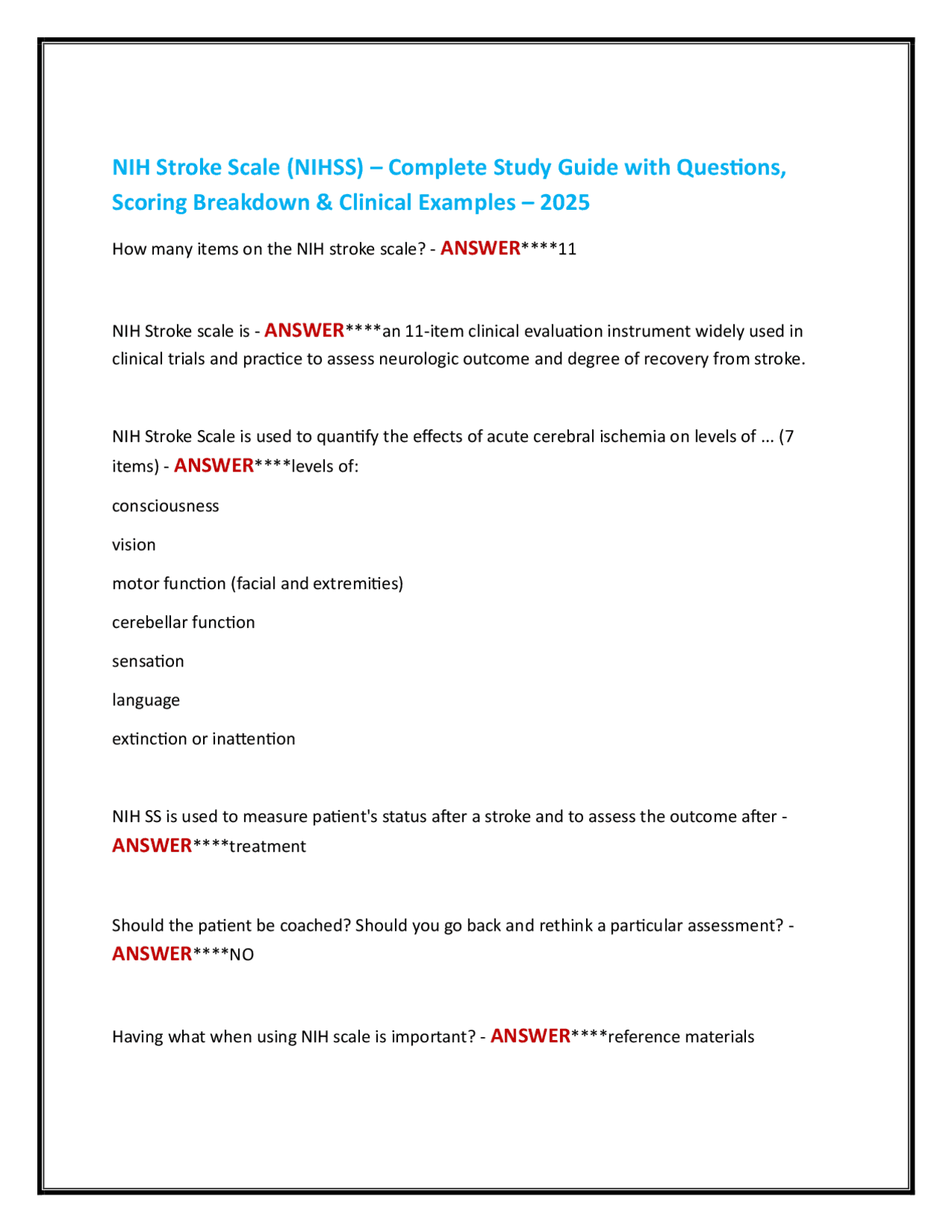 NIH Stroke Scale (NIHSS) – Complete Study Guide with Questions, Scoring ...