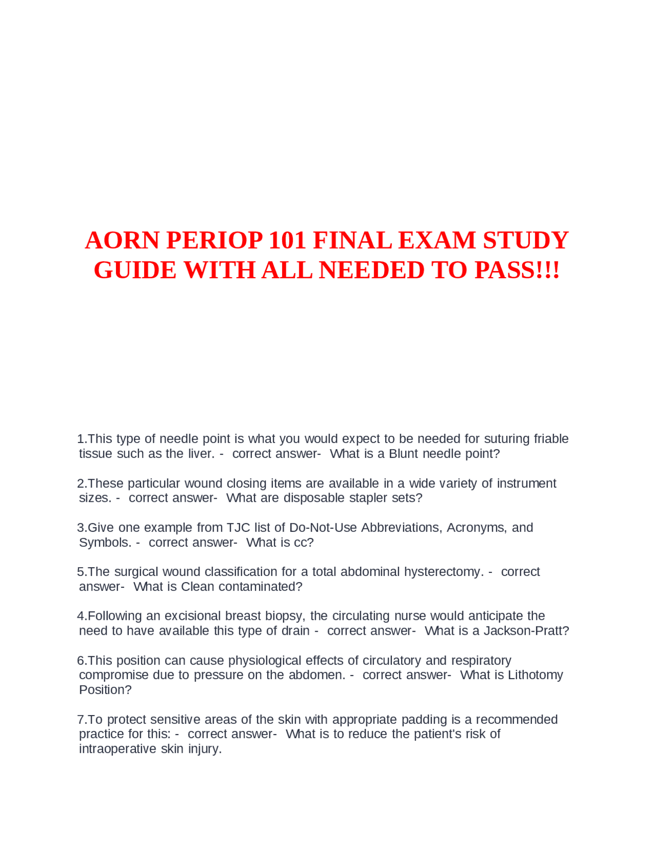 AORN PERIOP 101 FINAL EXAM STUDY GUIDE WITH ALL NEEDED TO PASS | Exams Advanced Education | Docsity