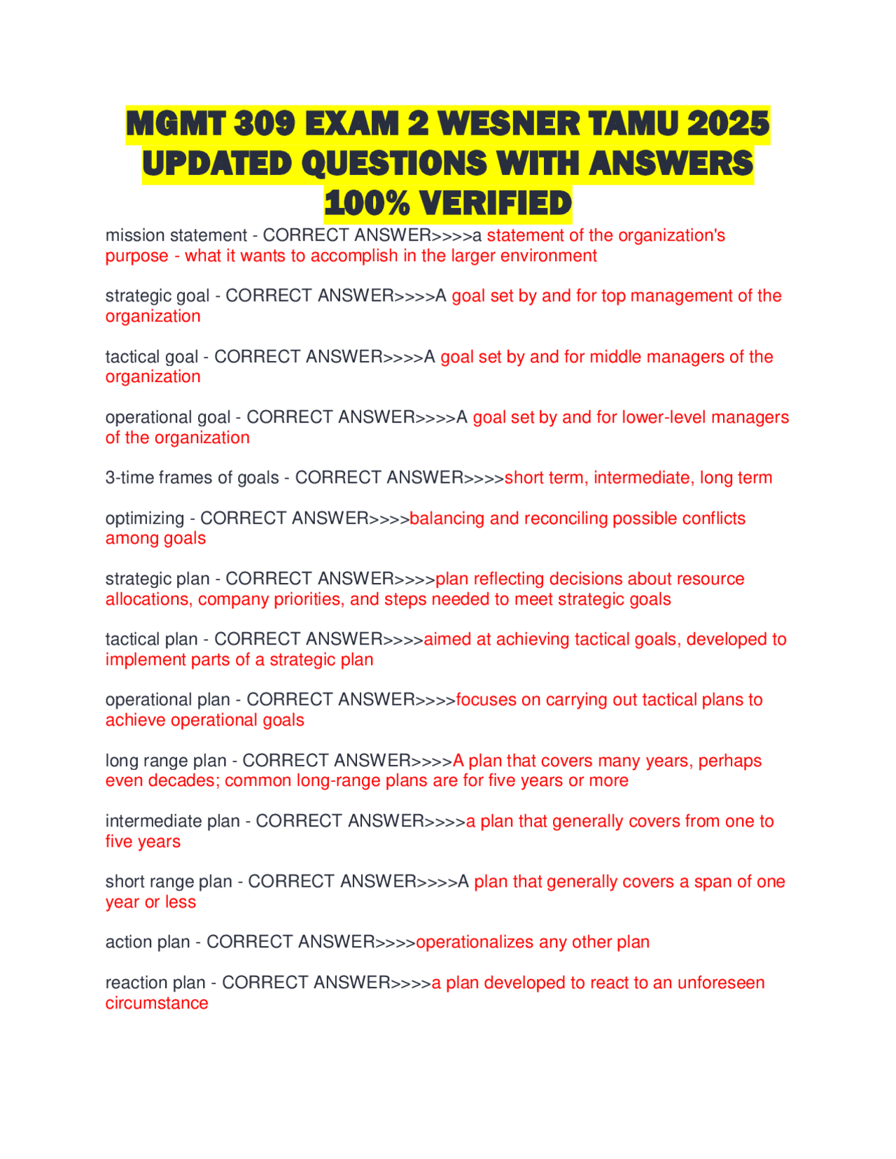 MGMT 309 EXAM 2 WESNER TAMU 2025 UPDATED QUESTIONS WITH ANSWERS 100% ...