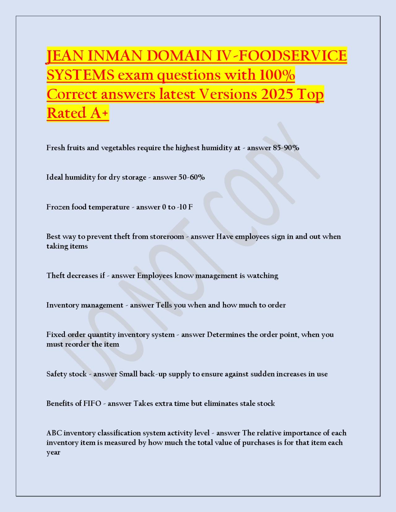 JEAN INMAN DOMAIN IV-FOODSERVICE SYSTEMS exam questions with 100% ...