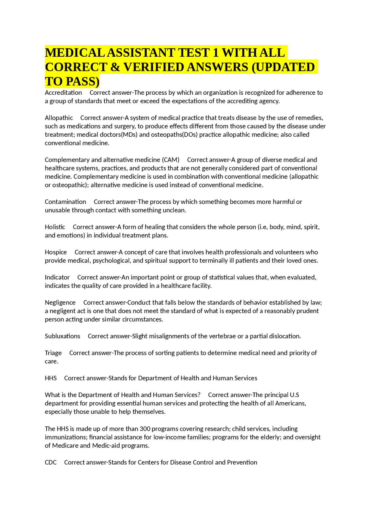 MEDICAL ASSISTANT TEST 1 WITH ALL CORRECT & VERIFIED ANSWERS (UPDATED ...