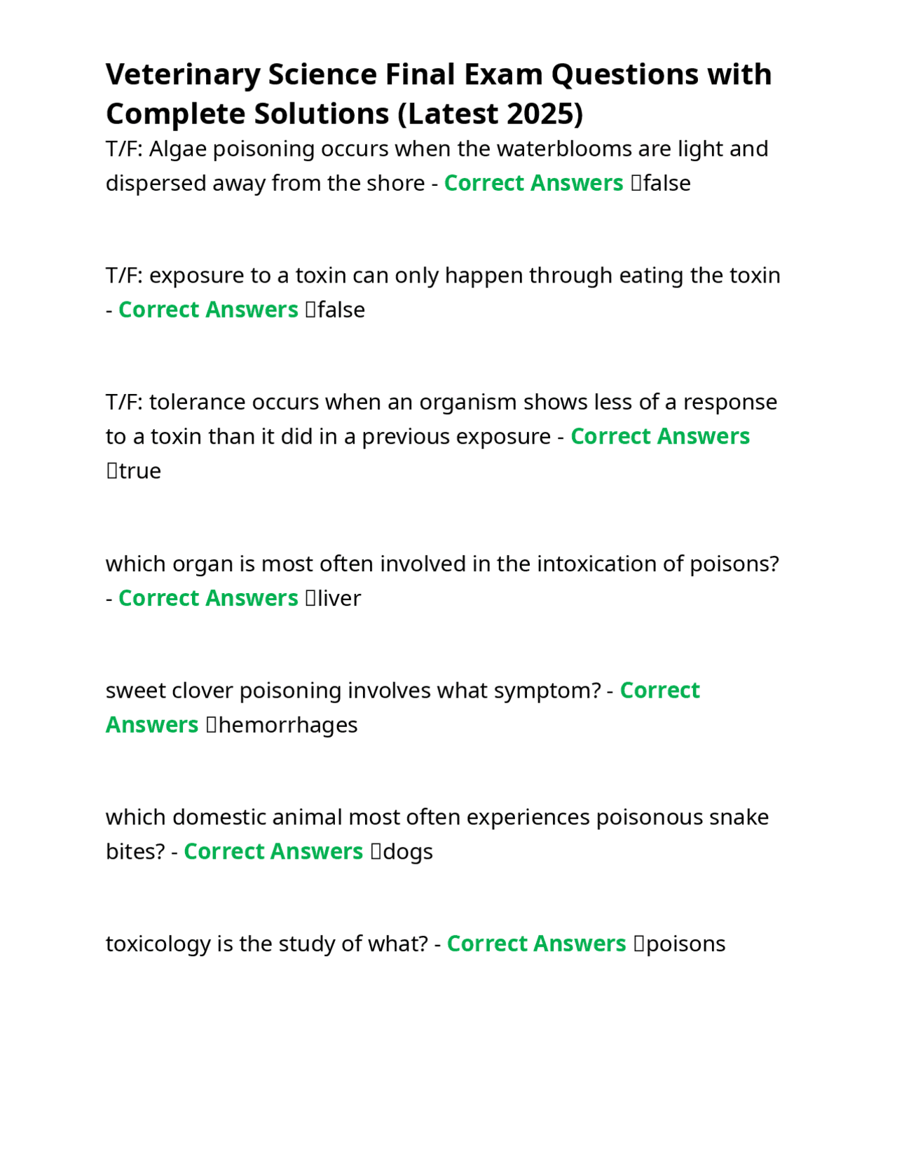 Veterinary Science Final Exam Questions with Complete Solutions (Latest ...