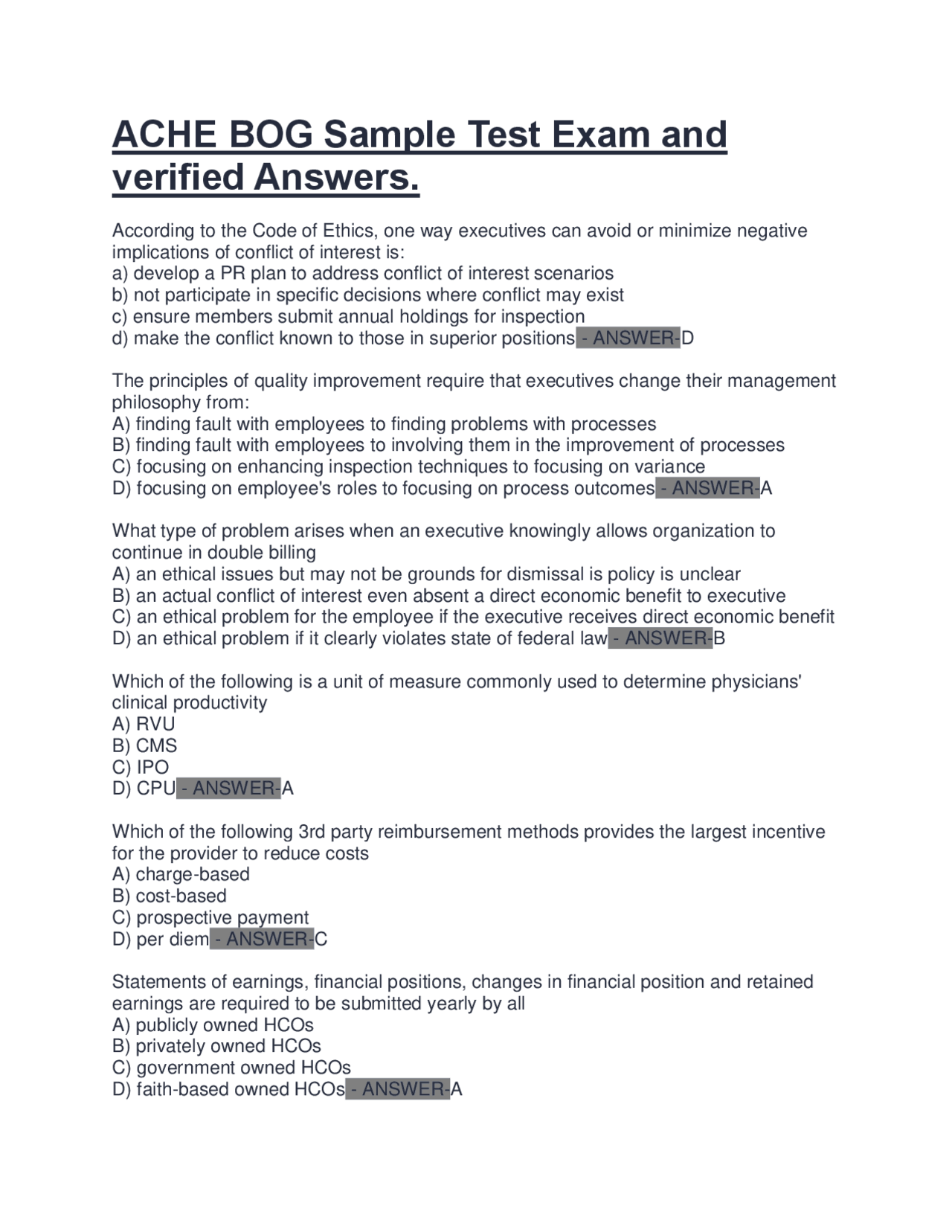 ACHE BOG Sample Test Exam with Verified Answers | Exams Nursing | Docsity