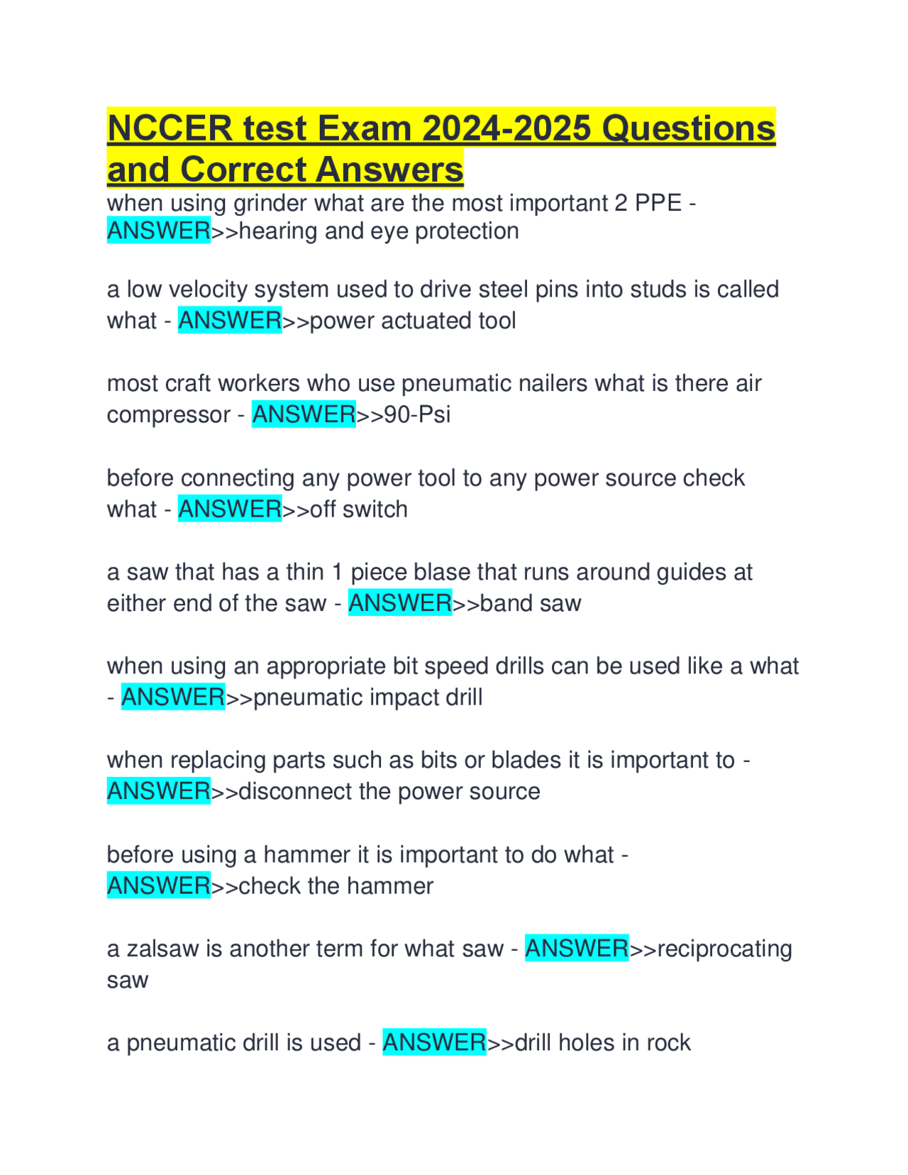 NCCER test Exam 2024-2025 Questions and Correct Answers | Exams ...