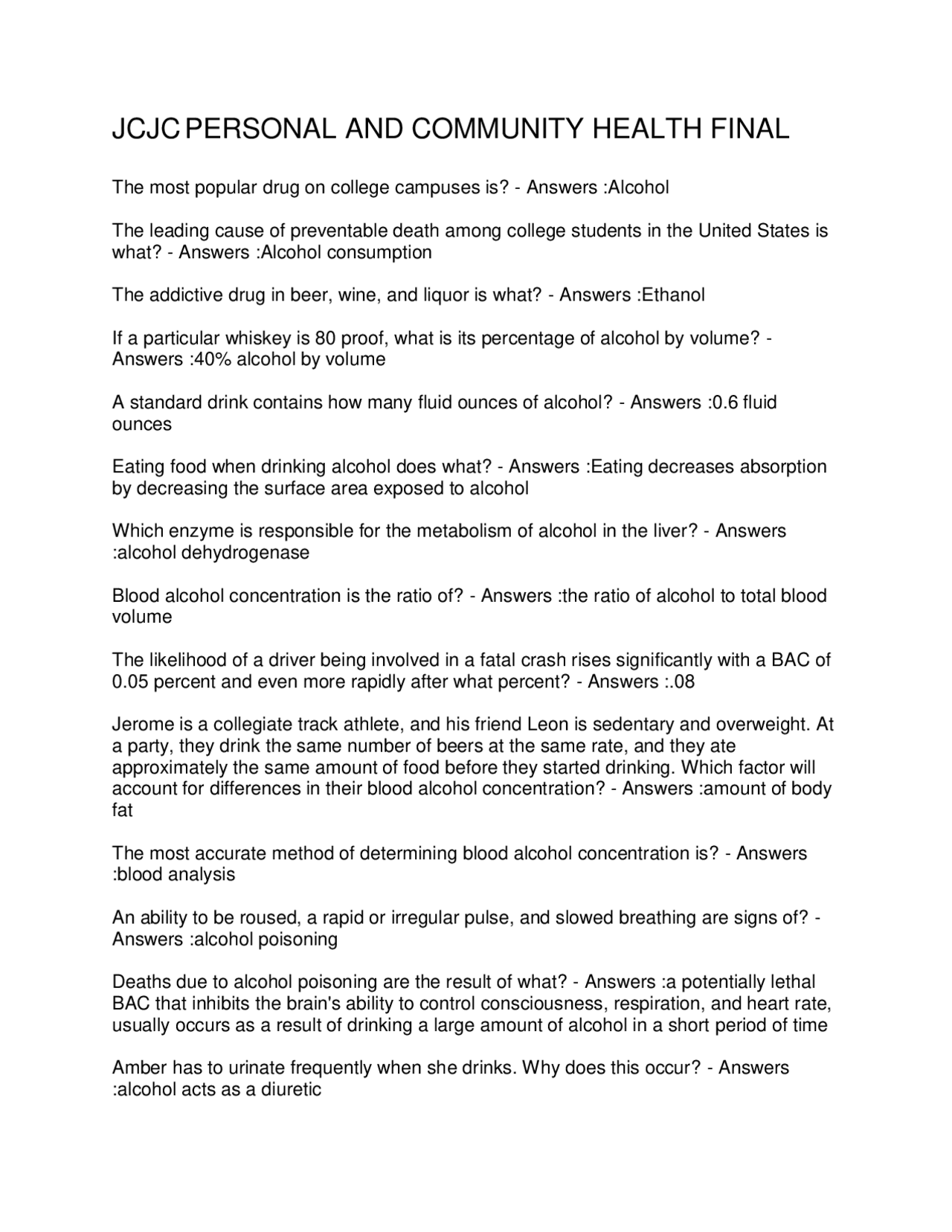 JCJC PERSONAL AND COMMUNITY HEALTH FINAL | Exams Nursing | Docsity