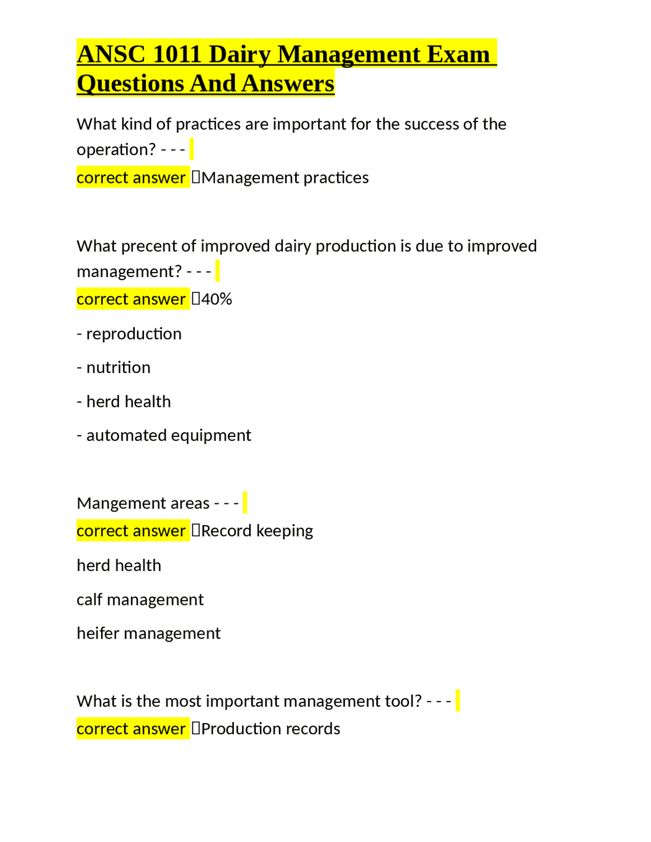 ANSC 1011 Dairy Management Exam Questions And Answers | Exams Animal ...