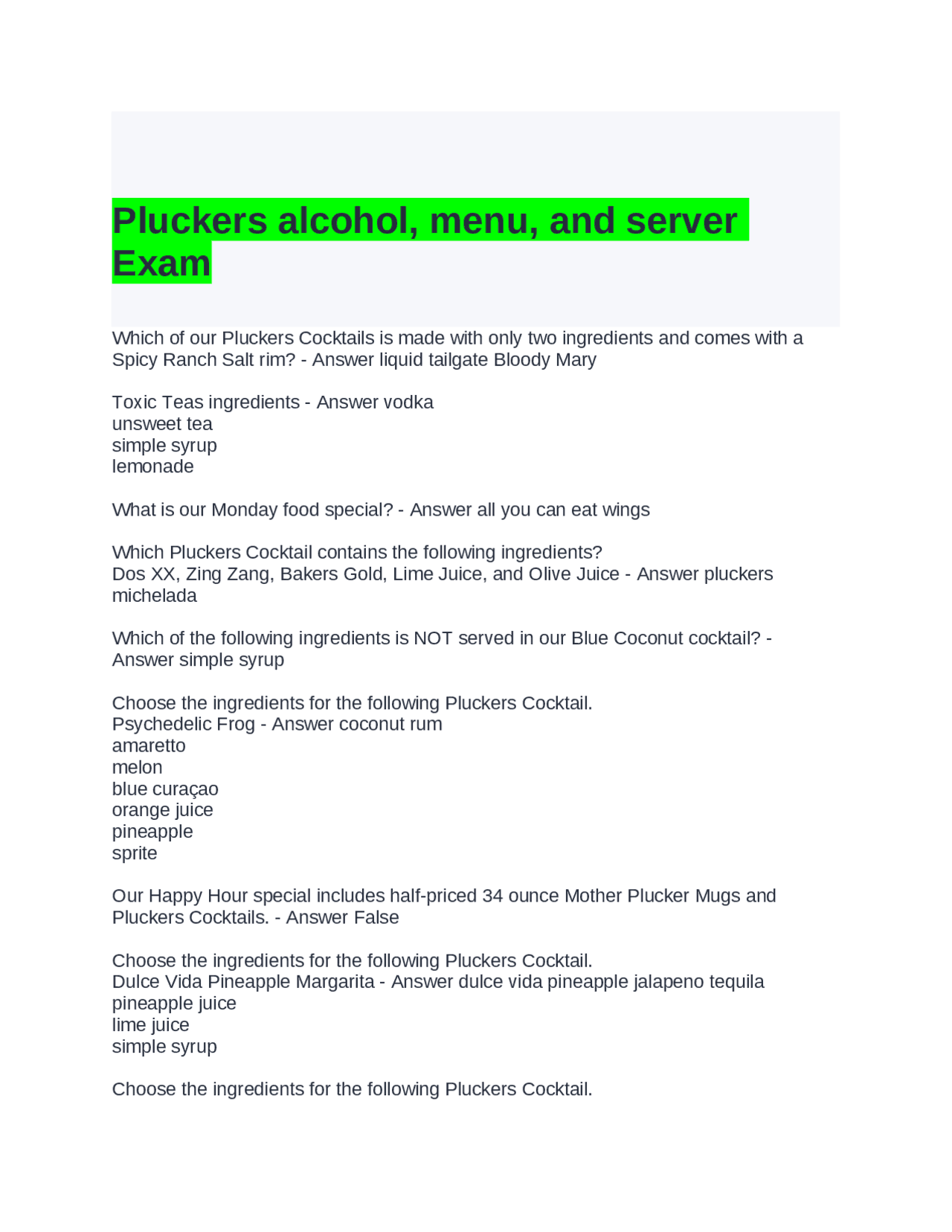 Pluckers alcohol, menu, and server Exam Questions and Answers || Graded ...