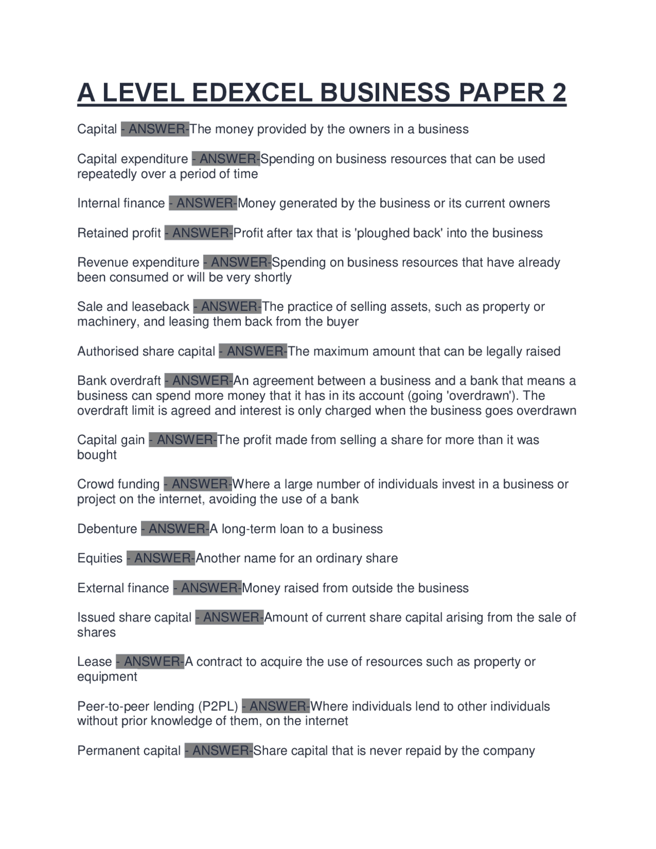 A LEVEL EDEXCEL BUSINESS PAPER 2 | Exams Business Accounting | Docsity