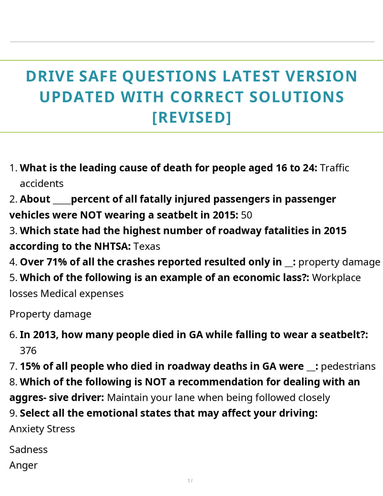 DRIVE SAFE QUESTIONS LATEST VERSION UPDATED WITH CORRECT SOLUTIONS ...