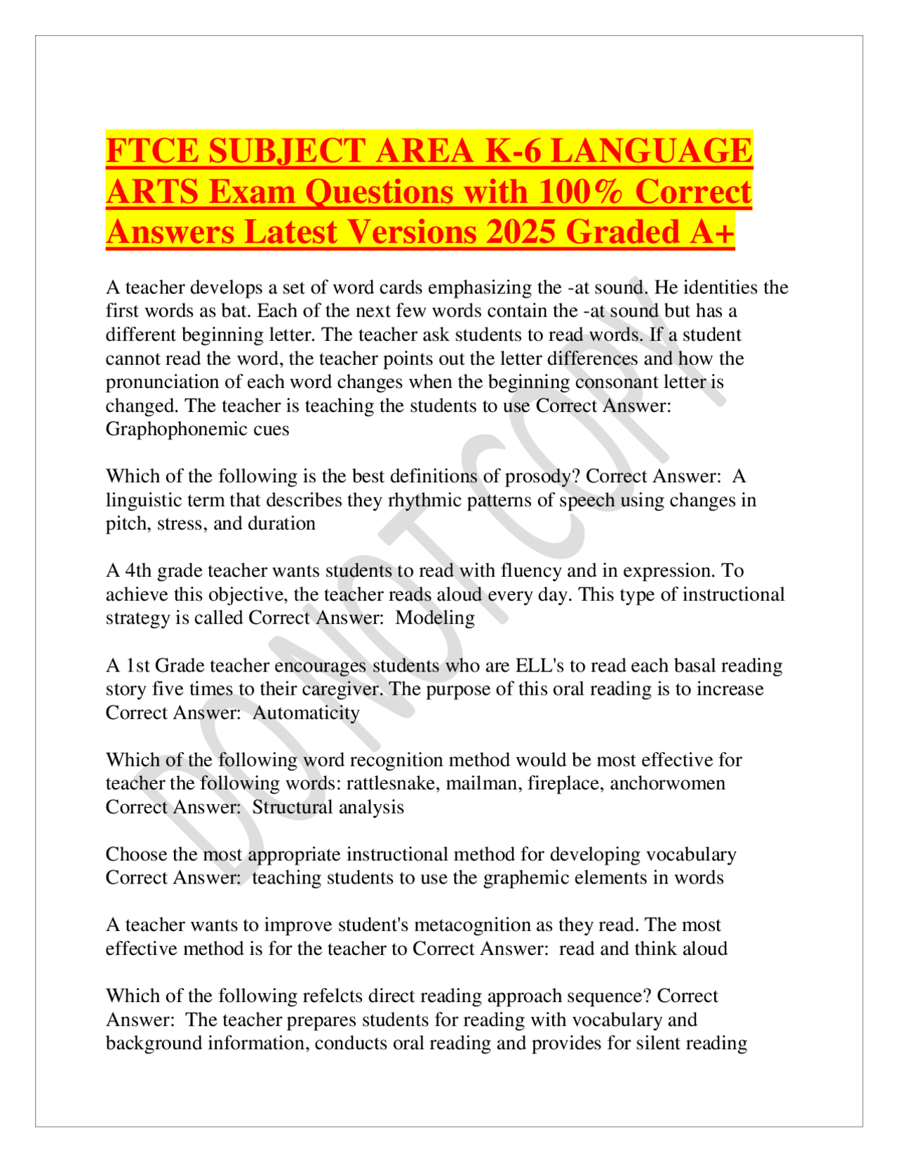 FTCE SUBJECT AREA K-6 LANGUAGE ARTS Exam Questions with 100% Correct ...