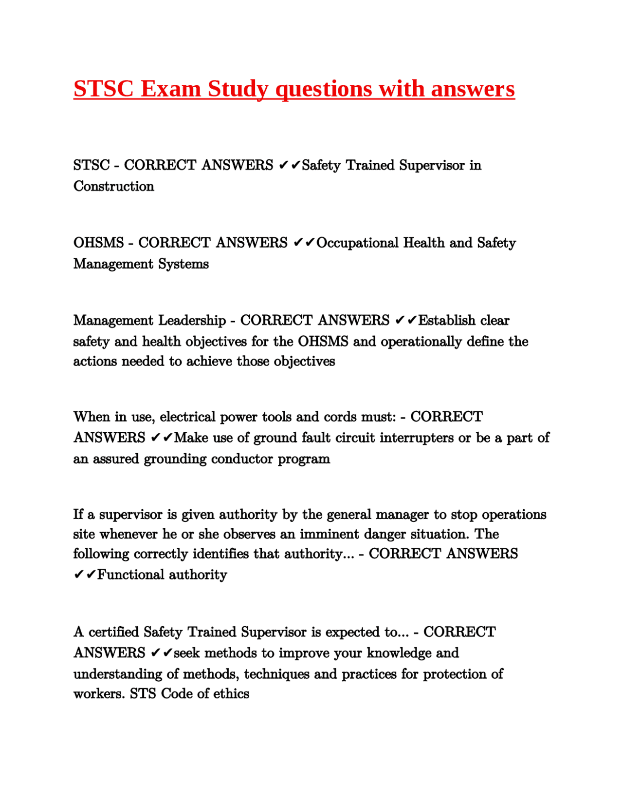 STSC Exam Study questions with answers | Exams Construction | Docsity