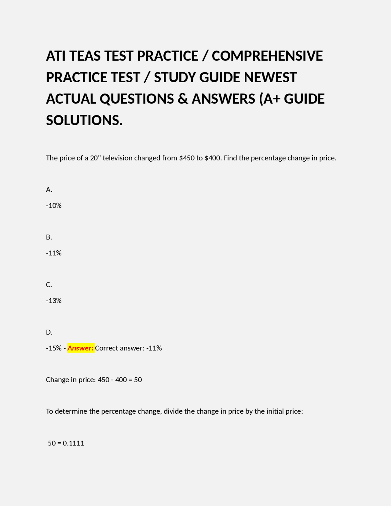 ATI TEAS TEST PRACTICE / COMPREHENSIVE PRACTICE TEST / STUDY GUIDE ...