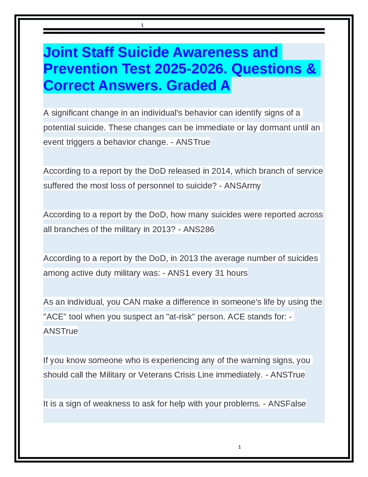 Suicide Awareness and Prevention Test: Questions and Answers | Exams ...
