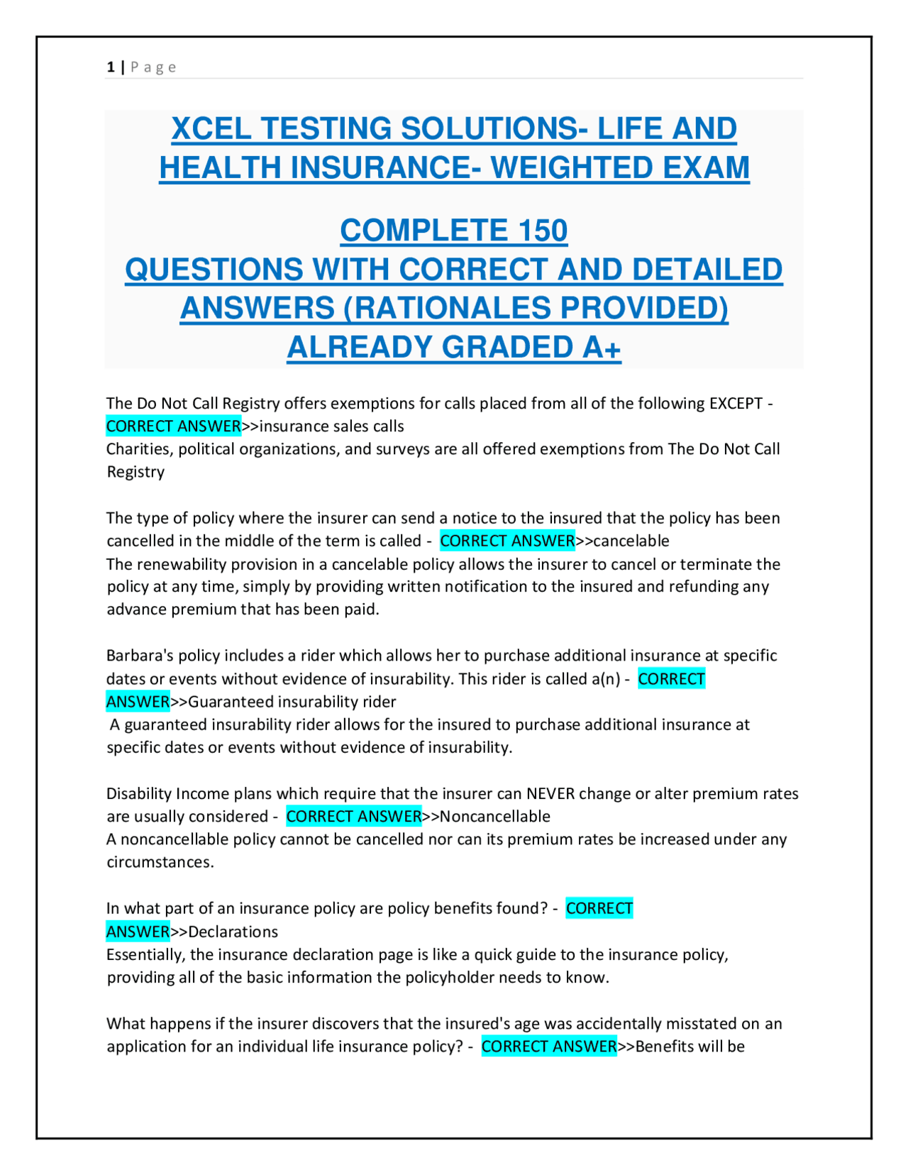 XCEL TESTING SOLUTIONS- LIFE AND HEALTH INSURANCE- WEIGHTED EXAM ...