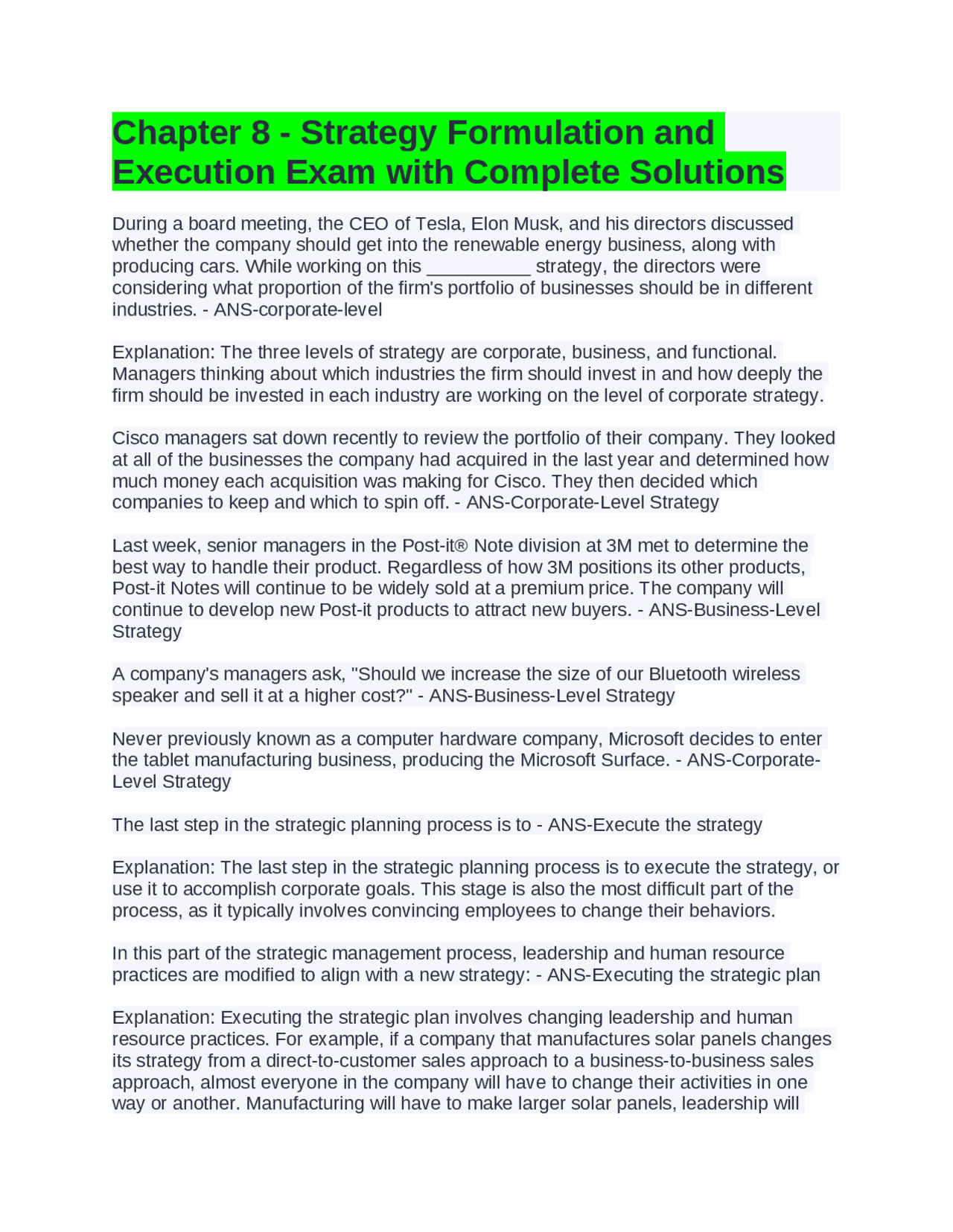 Chapter 8 - Strategy Formulation and Execution Exam | Exams Business ...