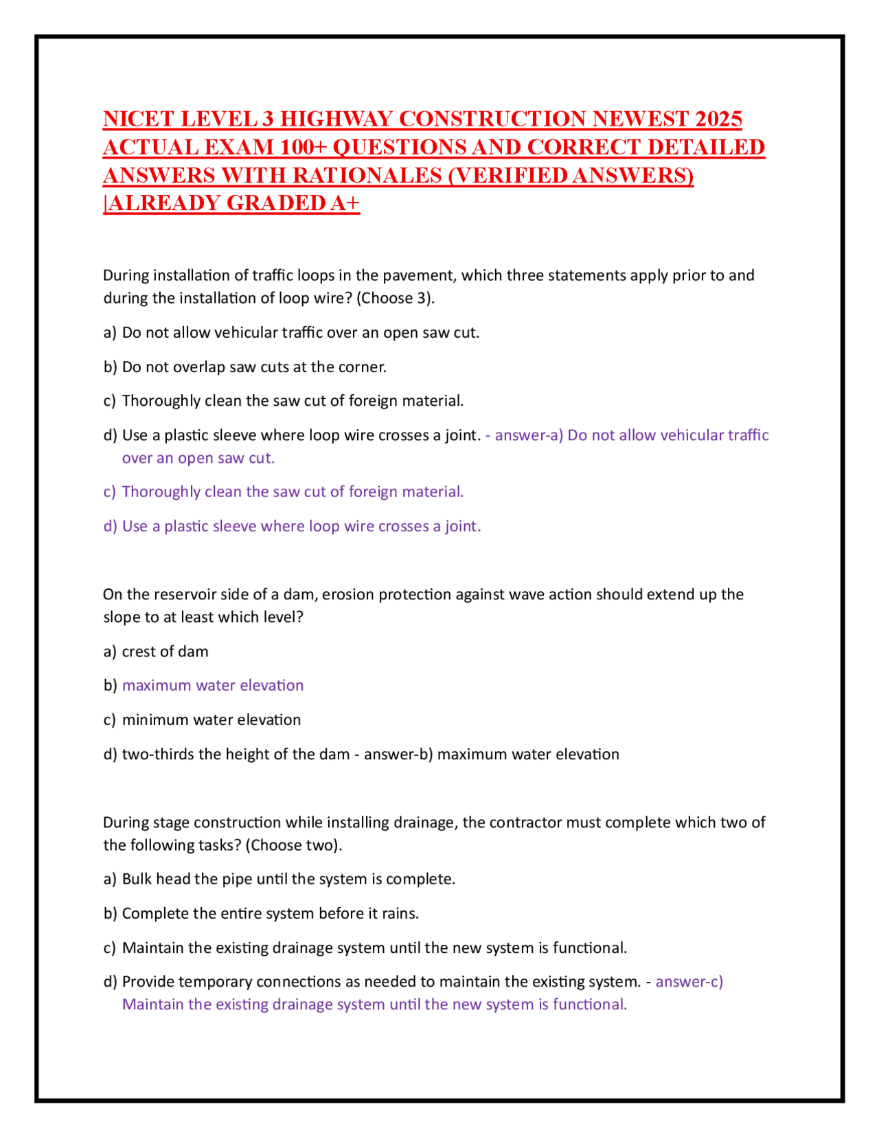 NICET LEVEL 3 HIGHWAY CONSTRUCTION NEWEST 2025 ACTUAL EXAM 100 ...