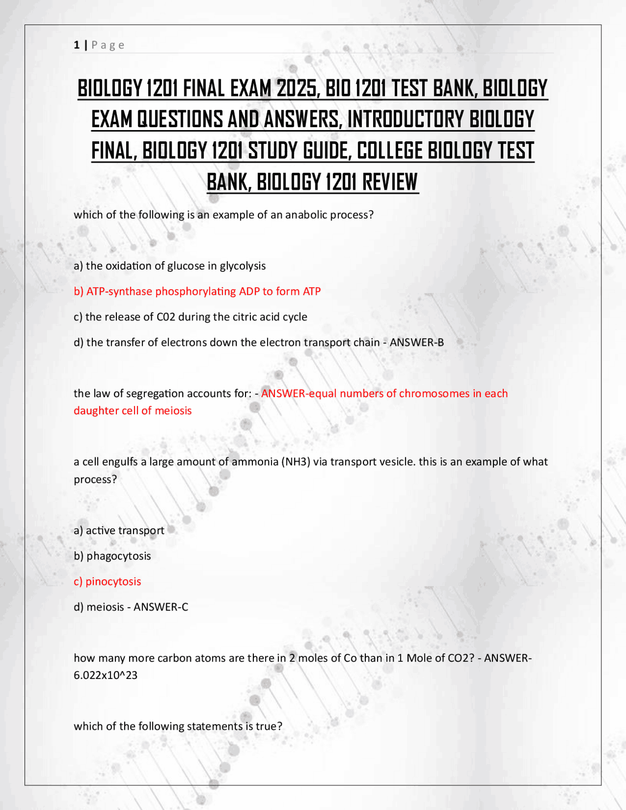 BIOLOGY 1201 FINAL EXAM 2025, BIO 1201 TEST BANK, BIOLOGY EXAM ...