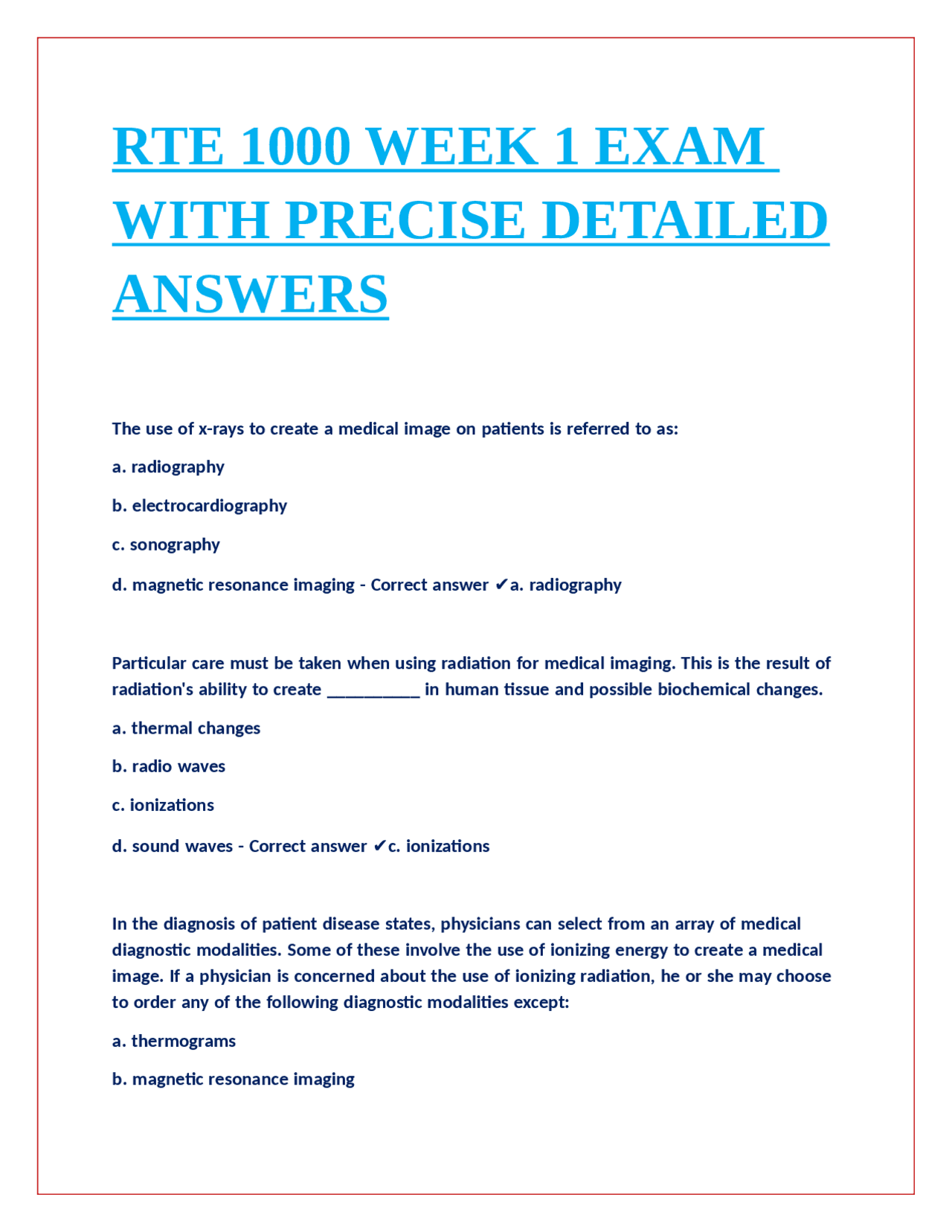 RTE 1000 WEEK 1 EXAM WITH PRECISE DETAILED ANSWERS | Exams Nursing ...