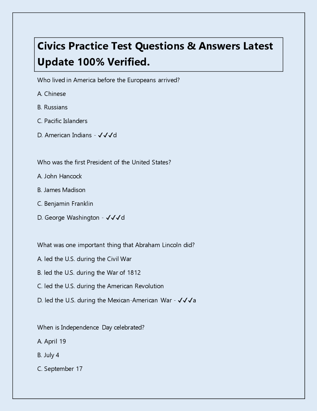 Civics Practice Test Questions & Answers Latest Update 100% Verified ...