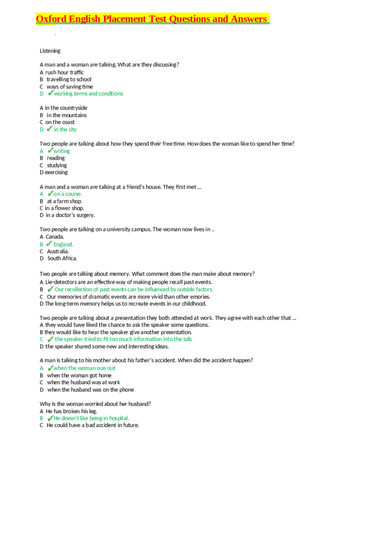 Oxford English Placement Test Questions and Answers | Exams Nursing ...