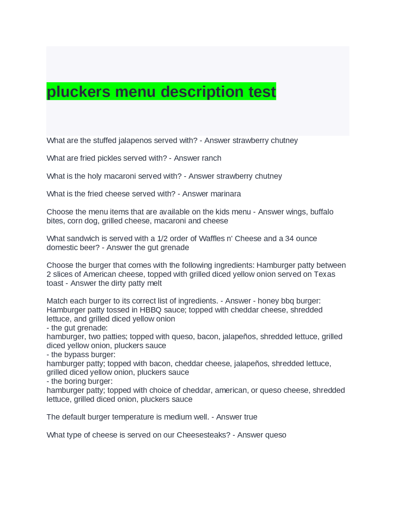 pluckers menu description test questions and answers | Exams Advanced ...