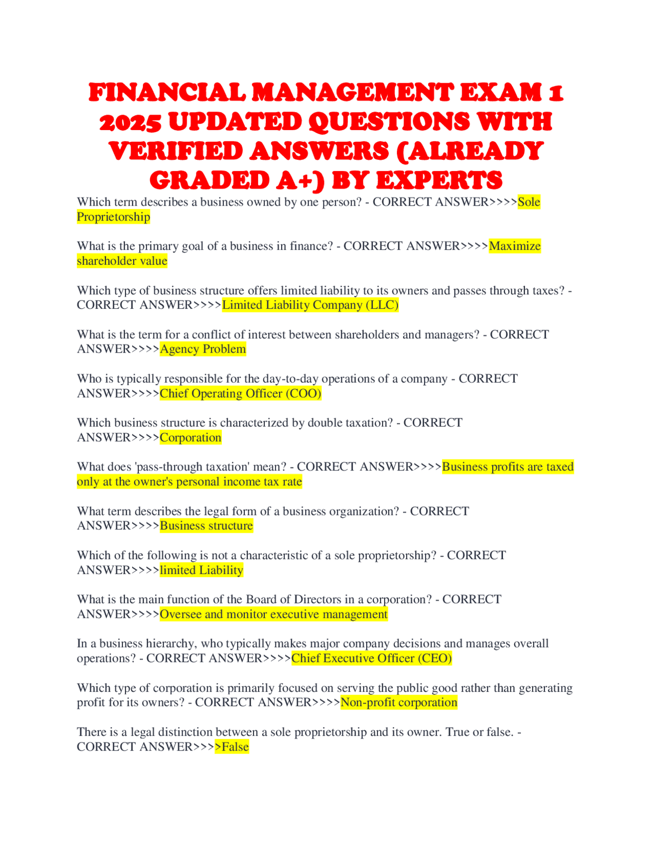FINANCIAL MANAGEMENT EXAM 1 2025 UPDATED QUESTIONS WITH VERIFIED ...