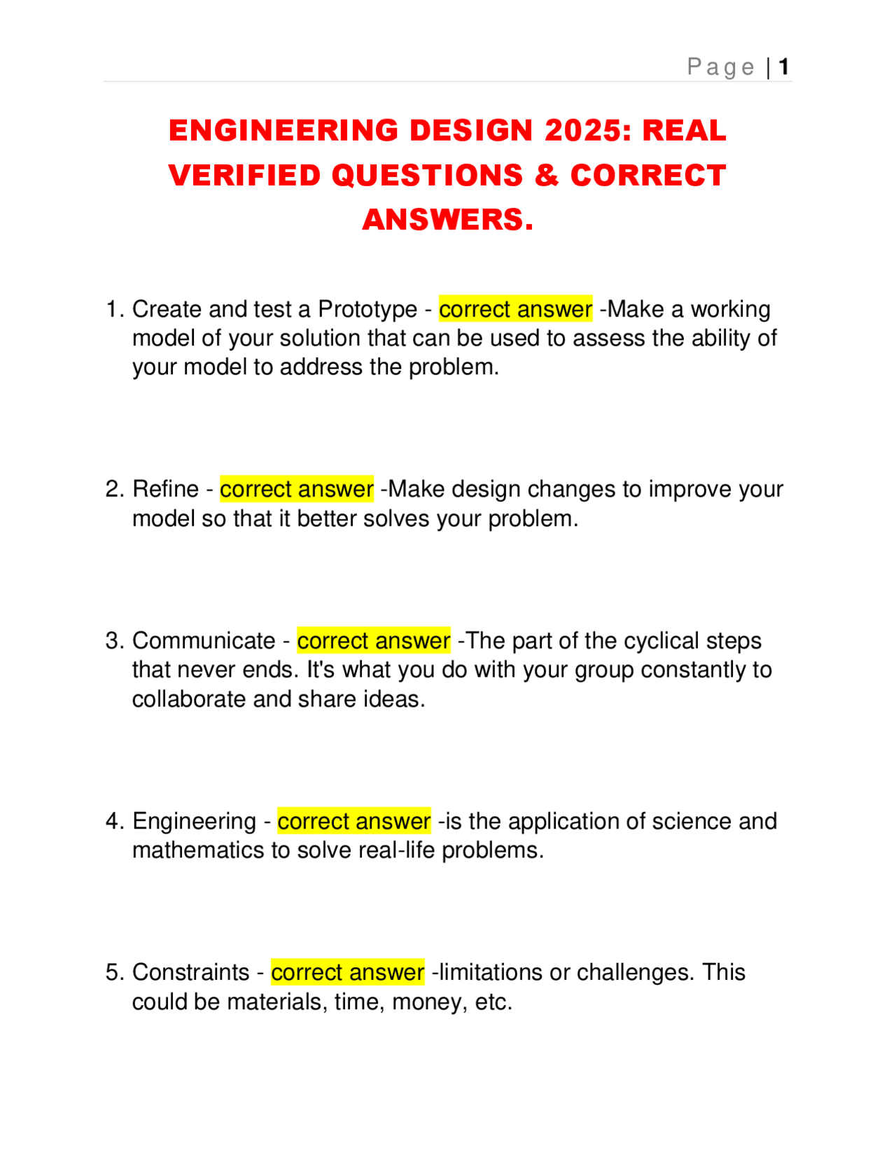 Engineering Design Process: Questions and Answers | Exams Engineering | Docsity