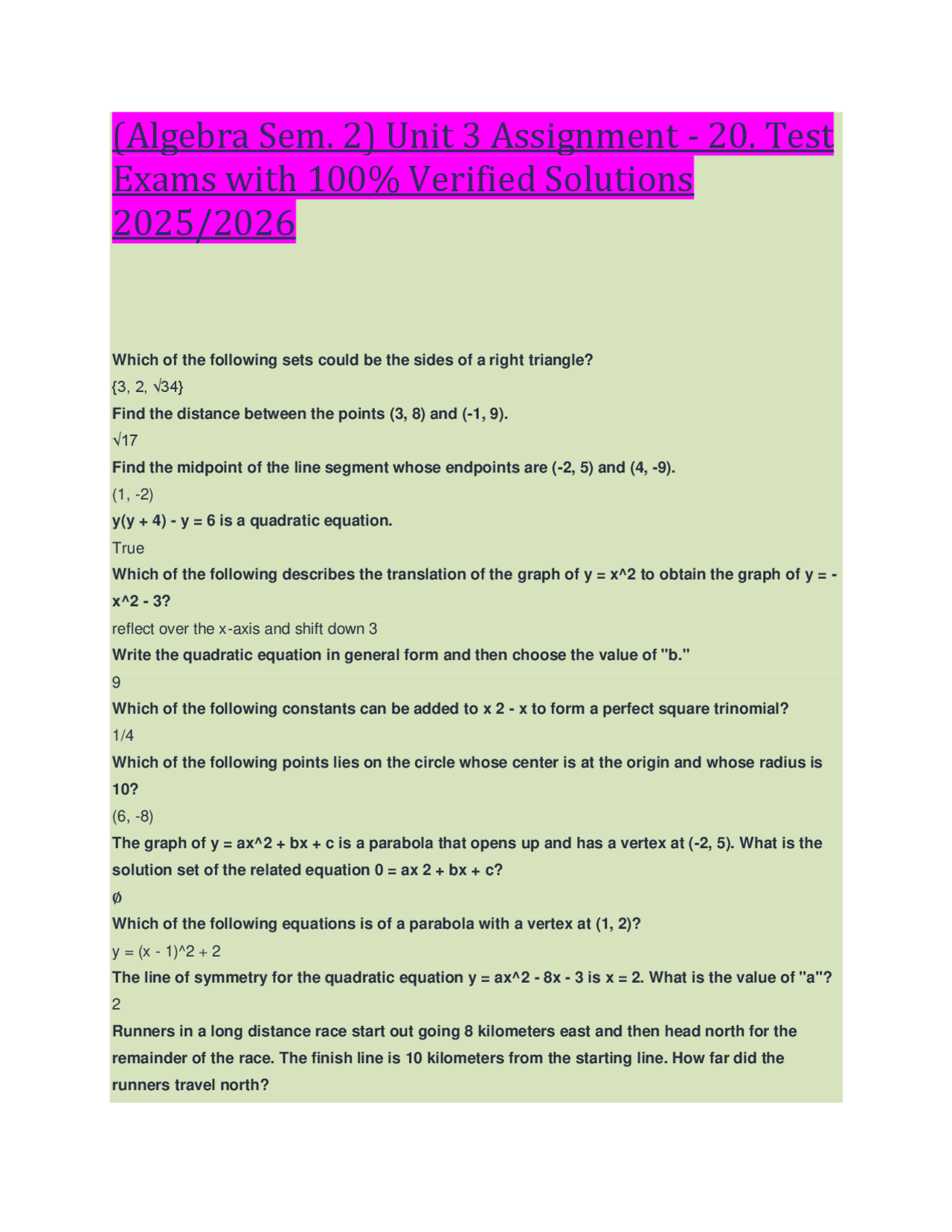 (Algebra Sem. 2) Unit 3 Assignment - 20. Test Exams with 100% Verified ...