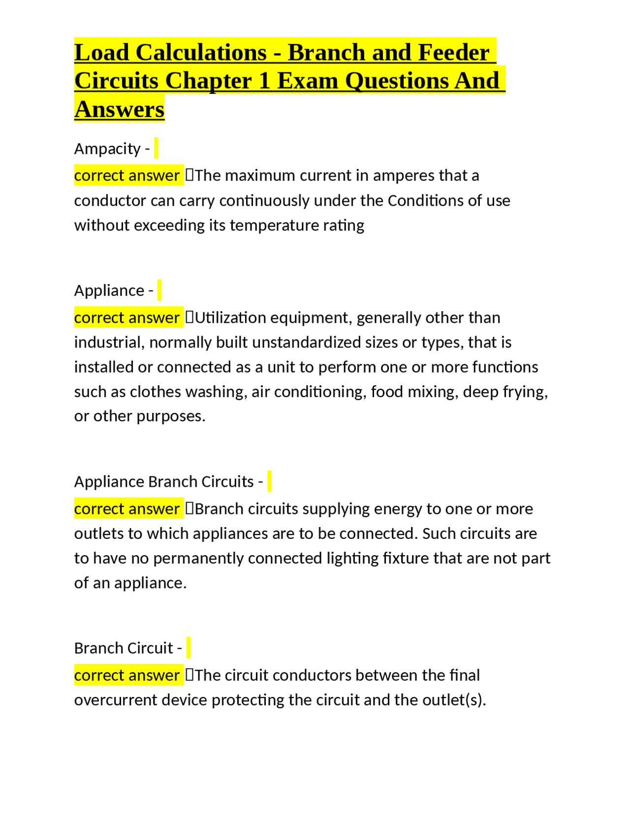 Load Calculations - Branch and Feeder Circuits Chapter 1 Exam Questions And Answers | Exams ...