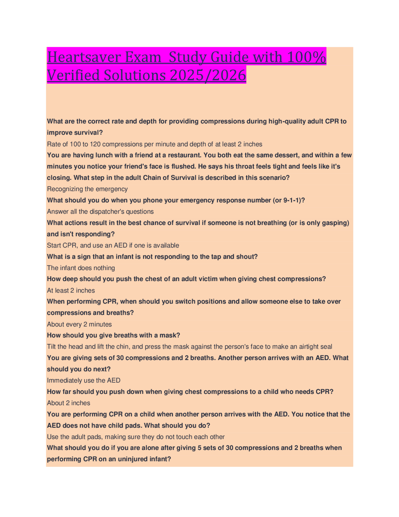 Heartsaver Exam Study Guide with 100% Verified Solutions 2025/2026 ...