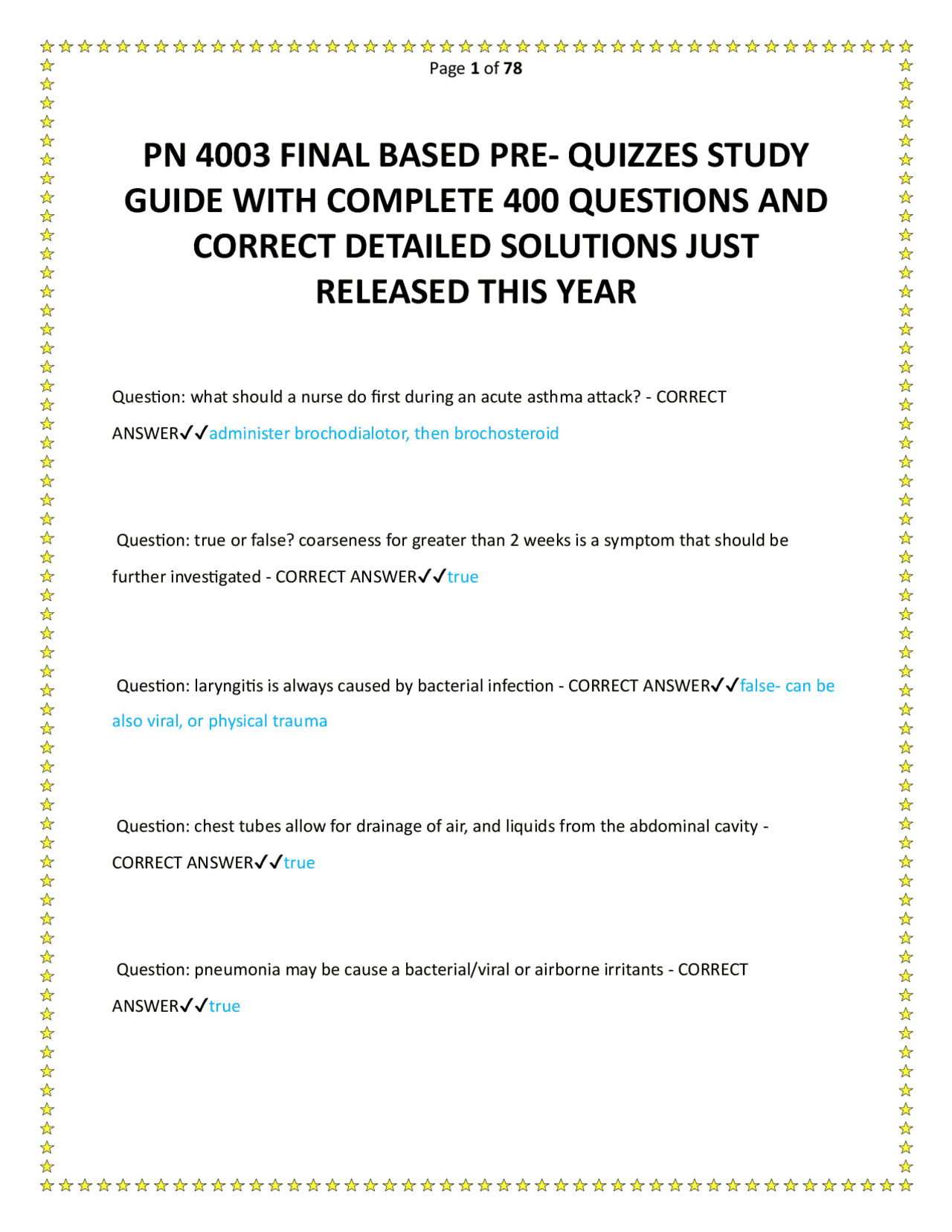 PN 4003 FINAL BASED PRE- QUIZZES STUDY GUIDE WITH COMPLETE 400 ...