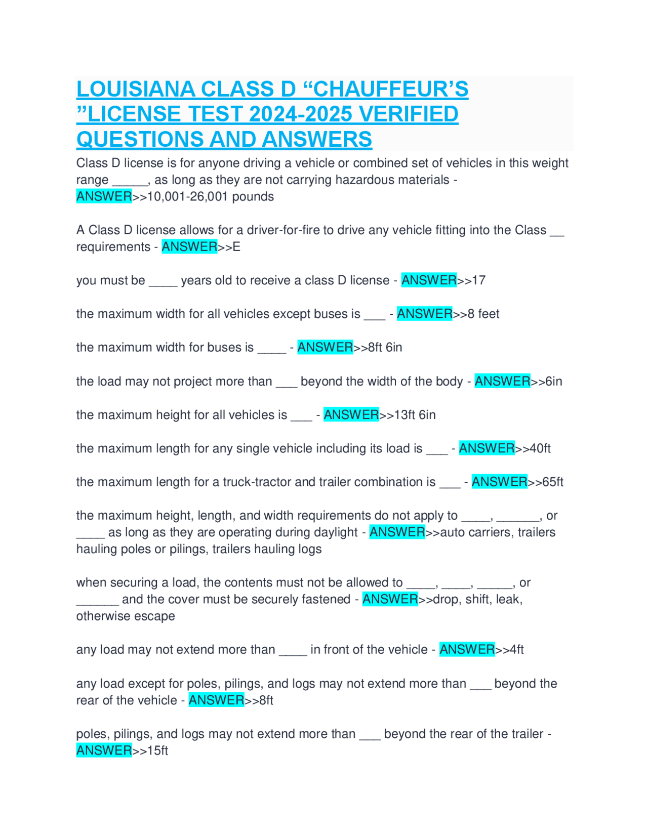 LOUISIANA CLASS D “CHAUFFEUR’S ”LICENSE TEST 2024-2025 VERIFIED ...