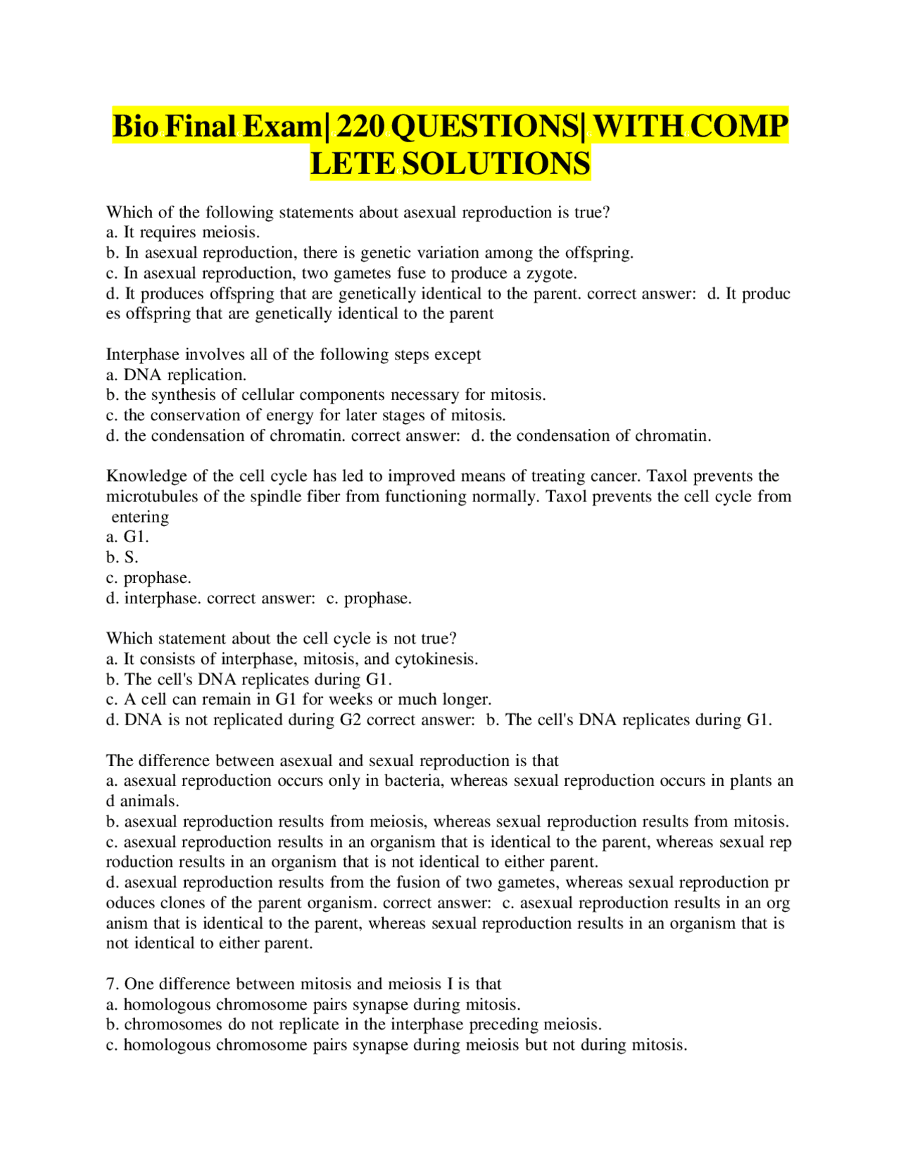 BIO 110 FINAL EXAM 2 LATEST COMPLETE 100 ACTUAL QUESTIONS AND CORRECT ...