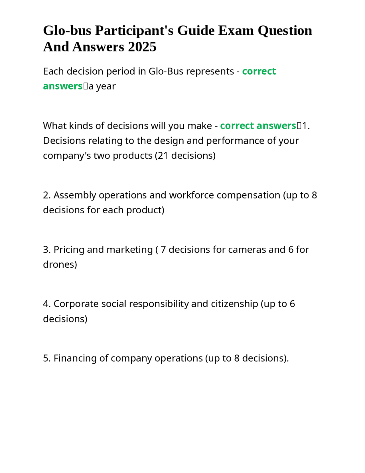 Glo-bus Participant's Guide Exam Question And Answers 2025 | Exams Nursing | Docsity