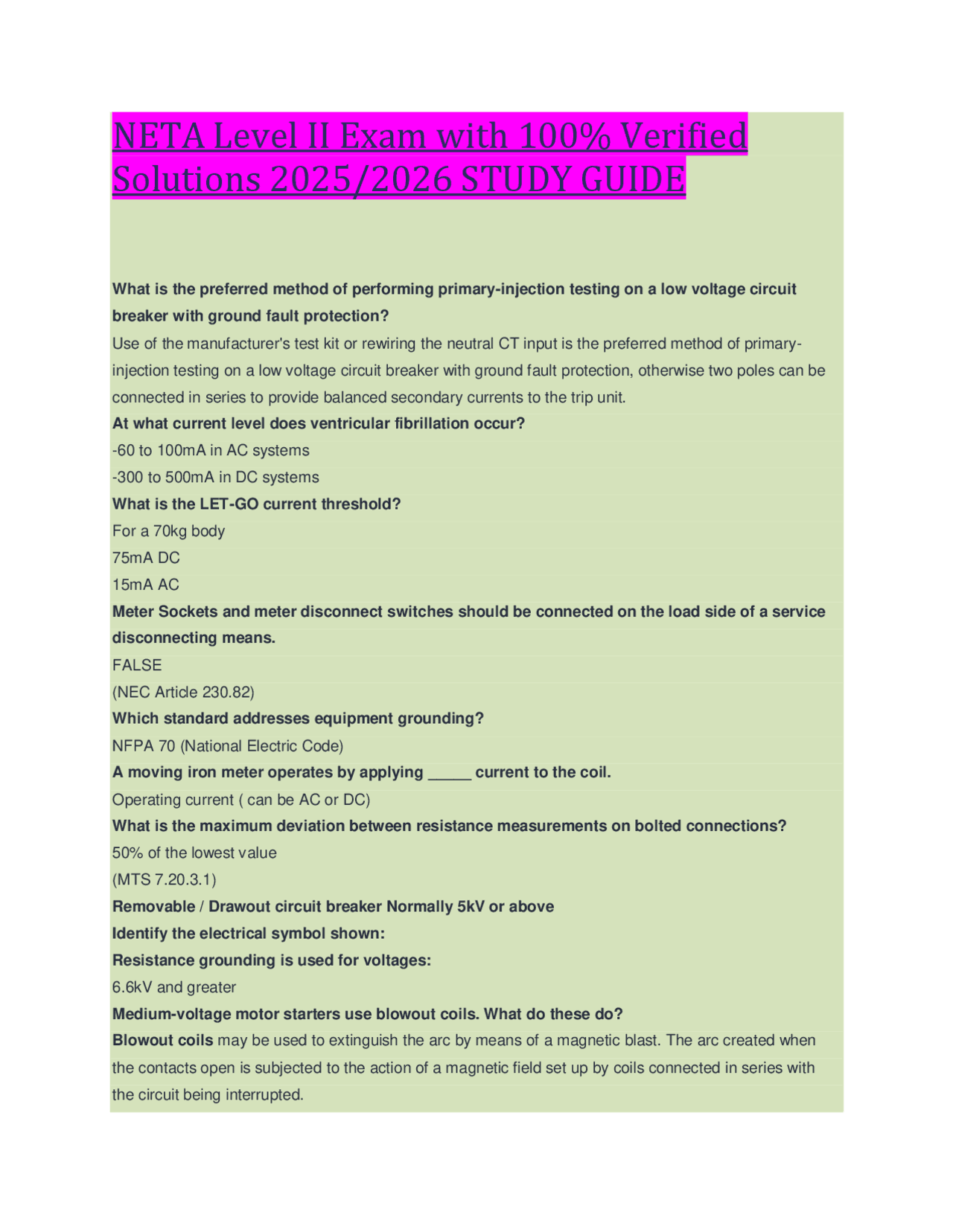 NETA Level II Exam Study Guide: Electrical Safety and Standards 2025/ ...