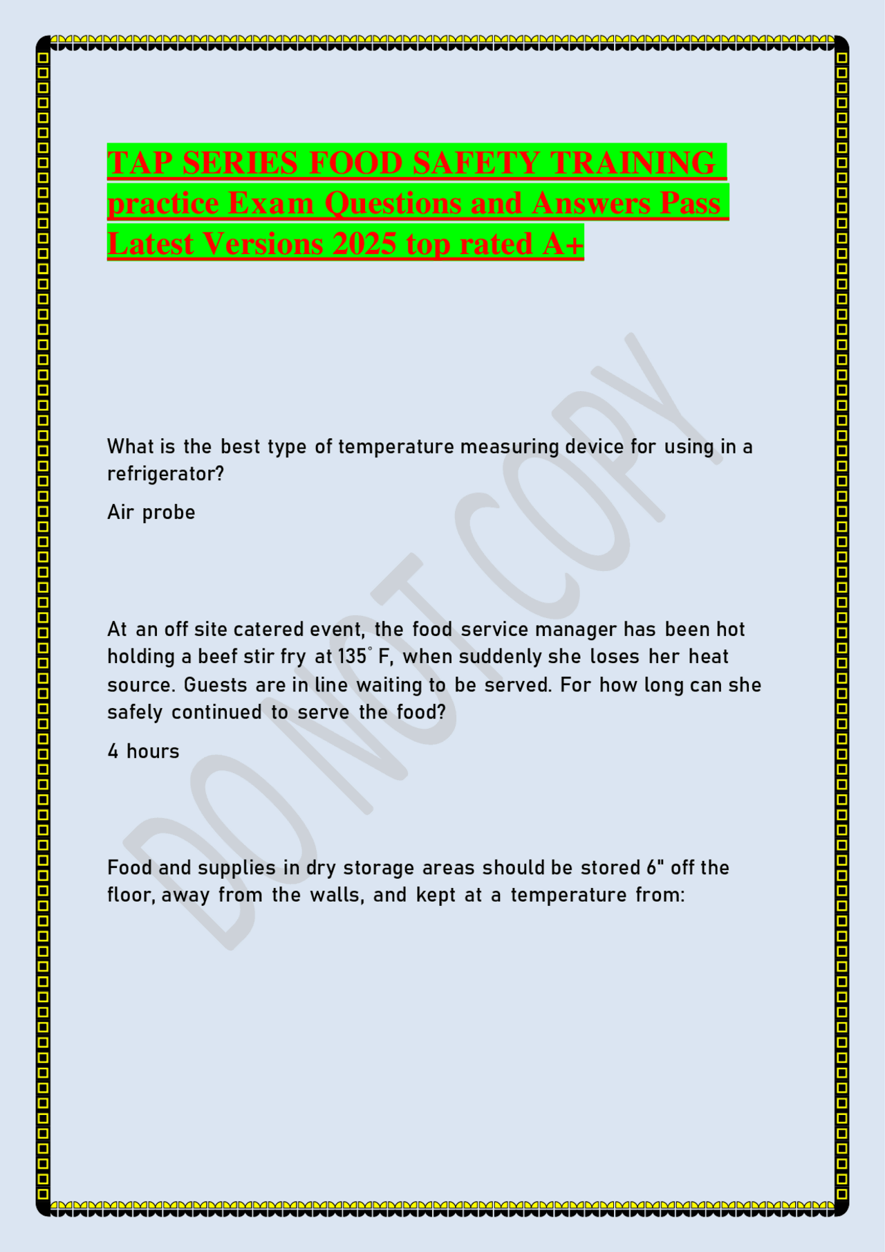 TAP SERIES FOOD SAFETY TRAINING practice Exam Questions and Answers ...