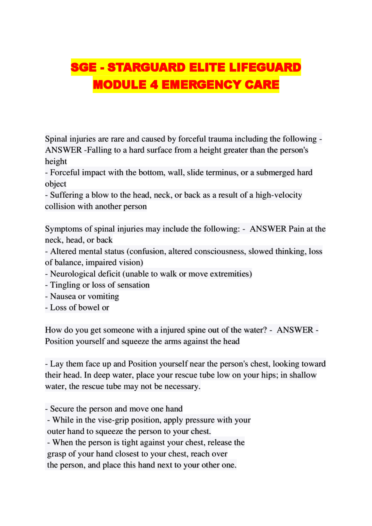 SGE - STARGUARD ELITE LIFEGUARD MODULE 4 EMERGENCY CARE | Exams ...